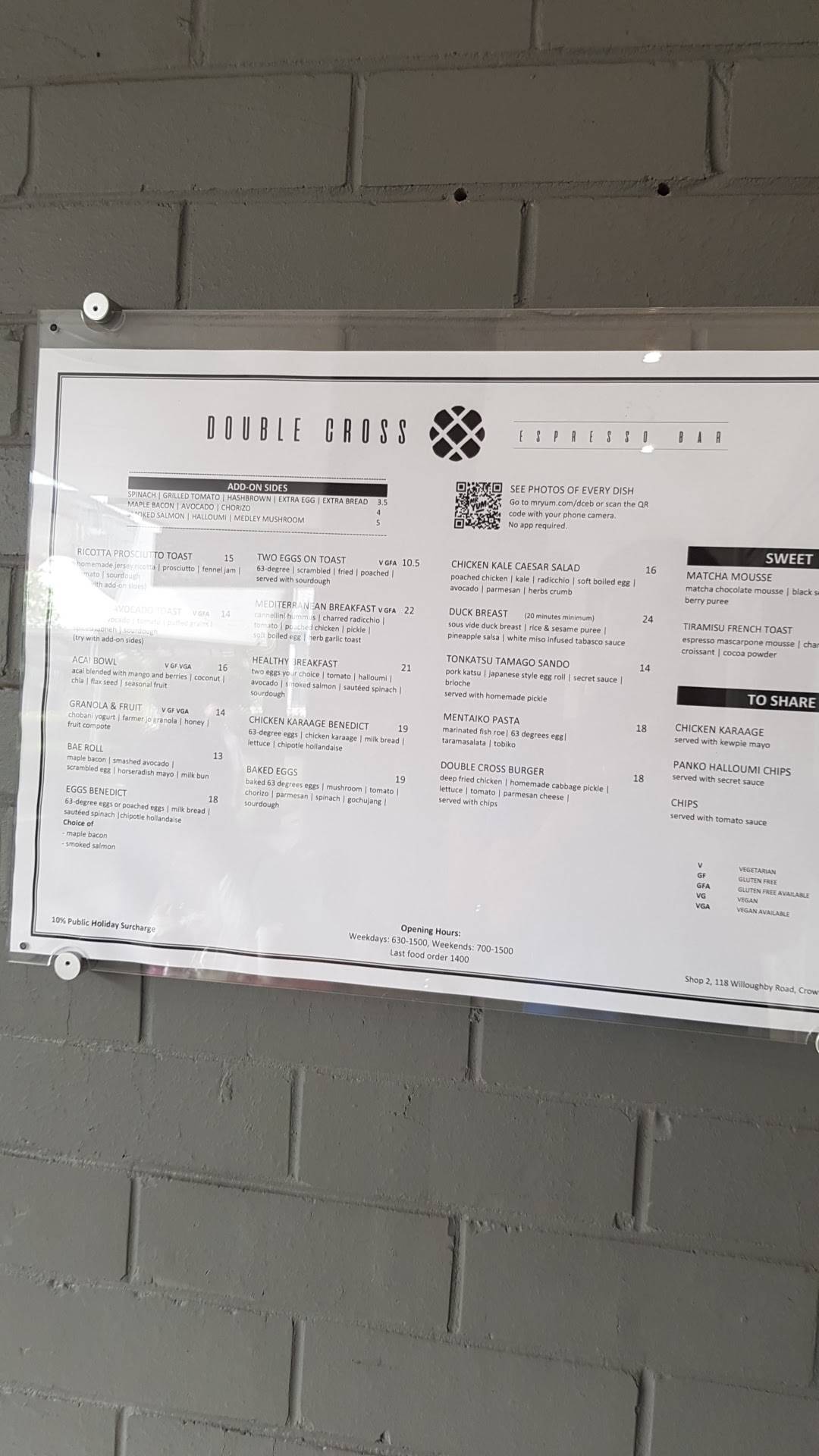 Menu at Double Cross Dining Room cafe, Crows Nest