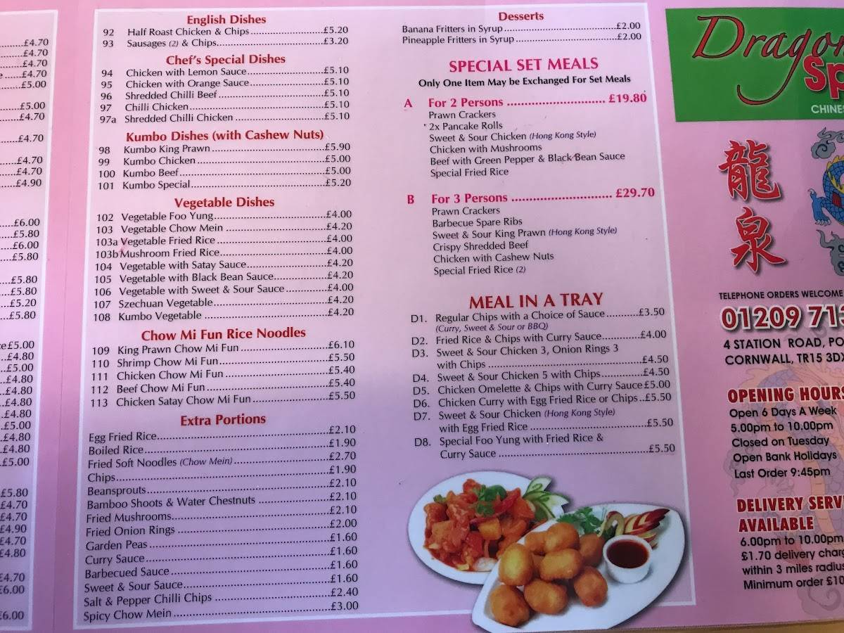 Menu at Dragon Spring fast food, Redruth