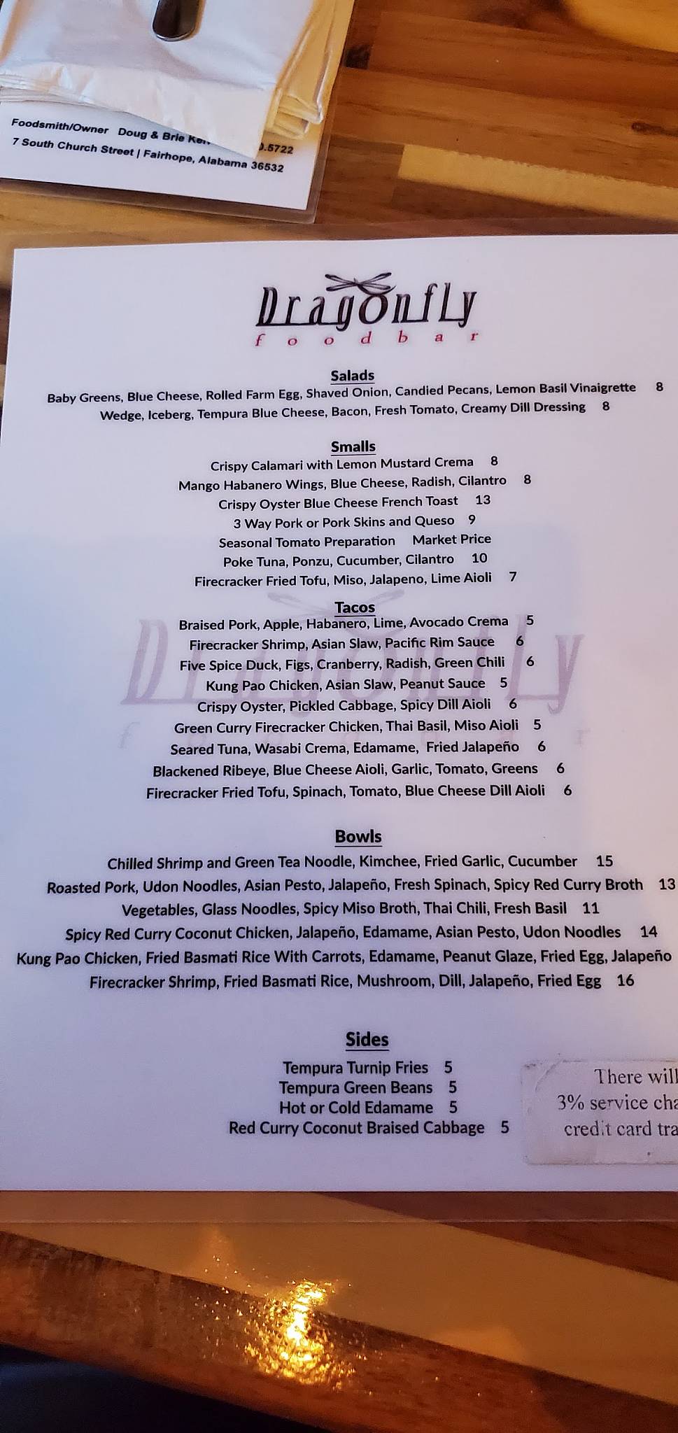 Menu at Dragonfly Food Bar, Fairhope