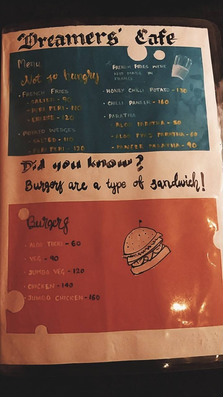 Menu at Dreamers' Café, Mysuru, D Devaraj Urs Rd
