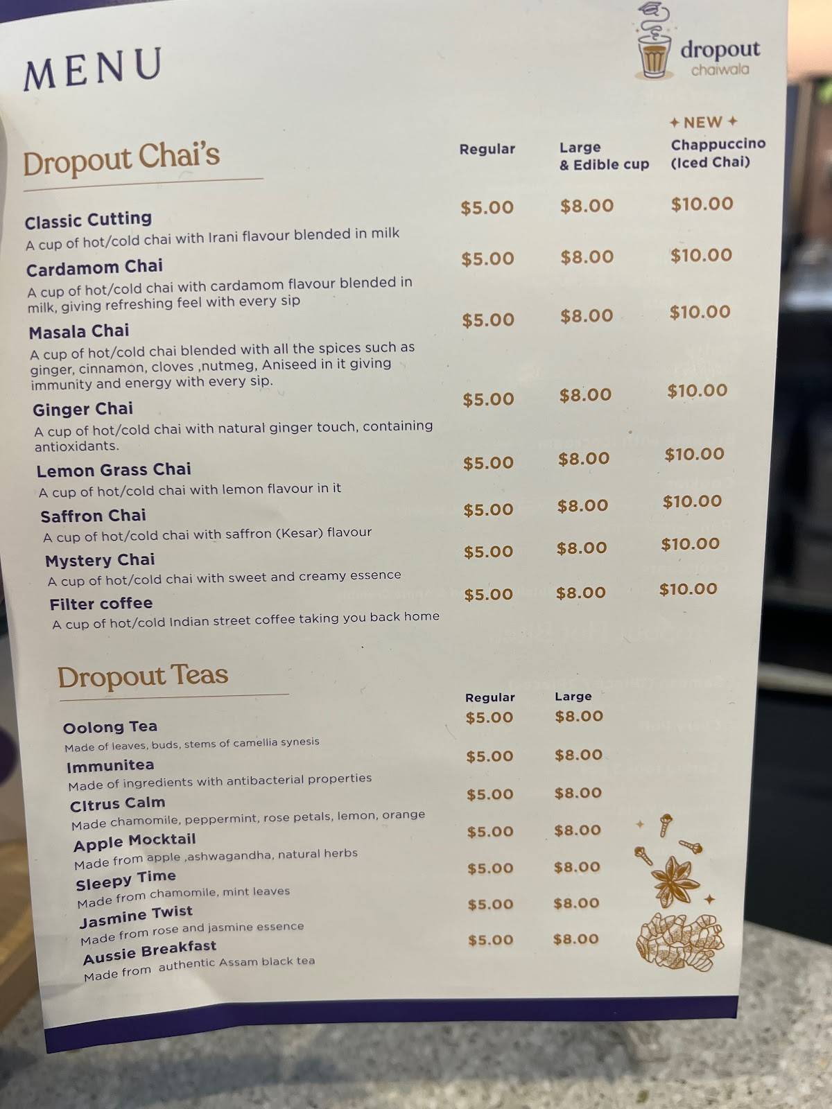 Menu at Dropout Chaiwala cafe, Melbourne, 59 Elizabeth St