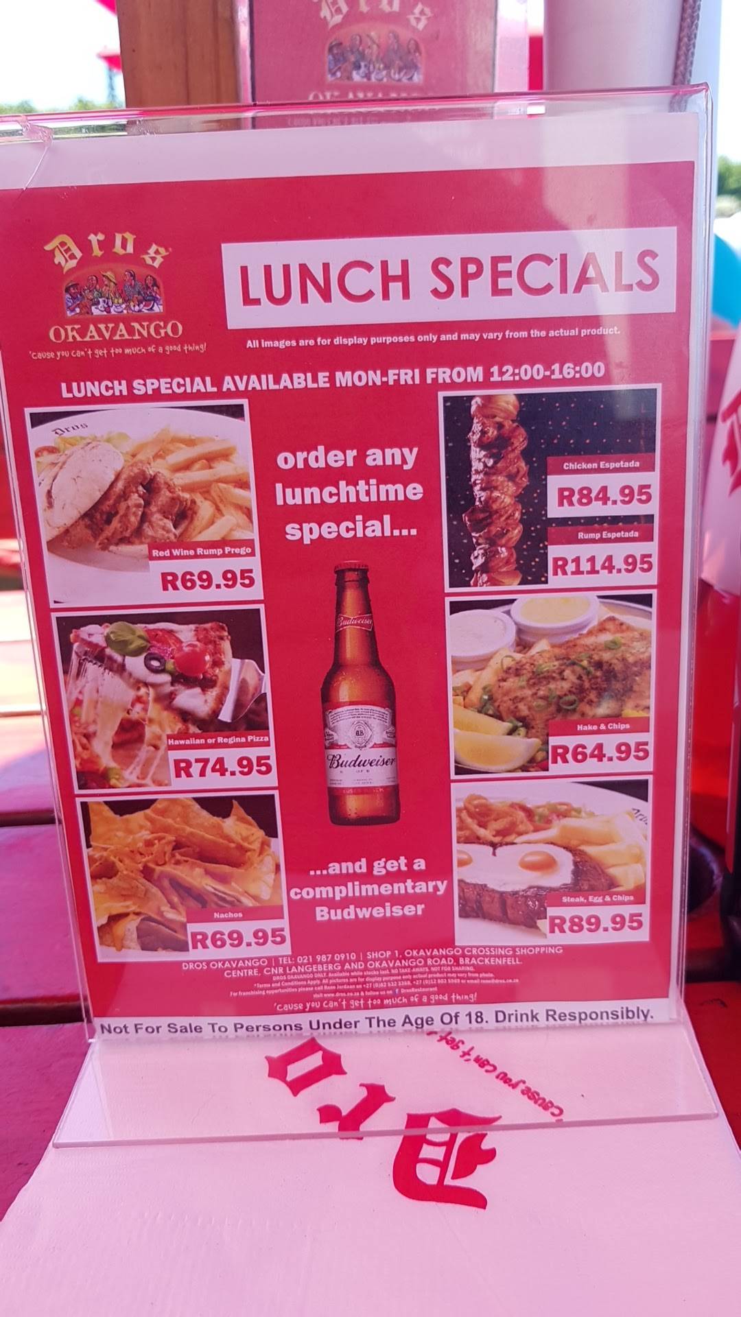 Menu at Dros Okavango restaurant, Cape Town, Okavango Crossing Shopping ...
