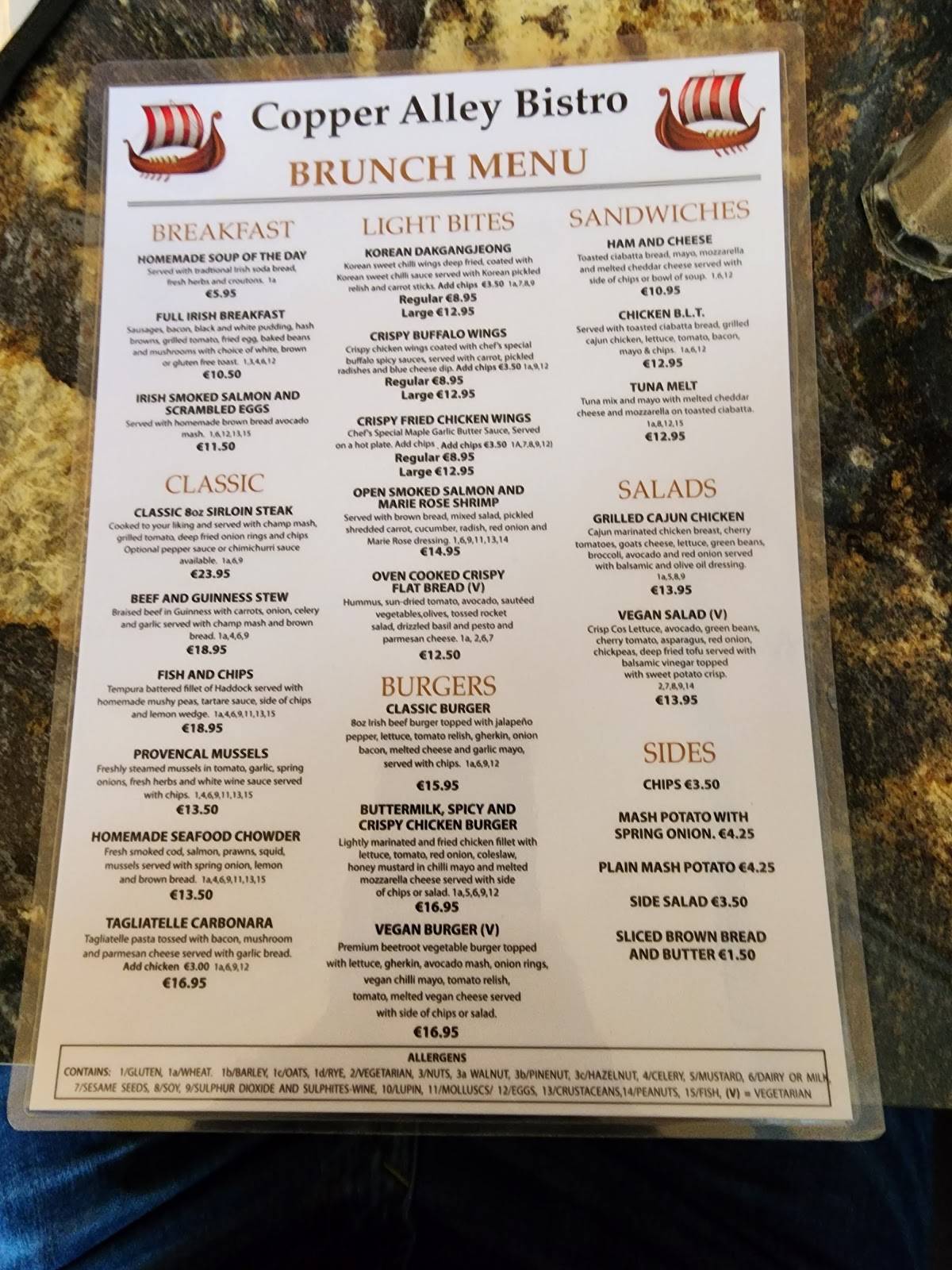 Menu at Copper Alley Bistro restaurant, Dublin