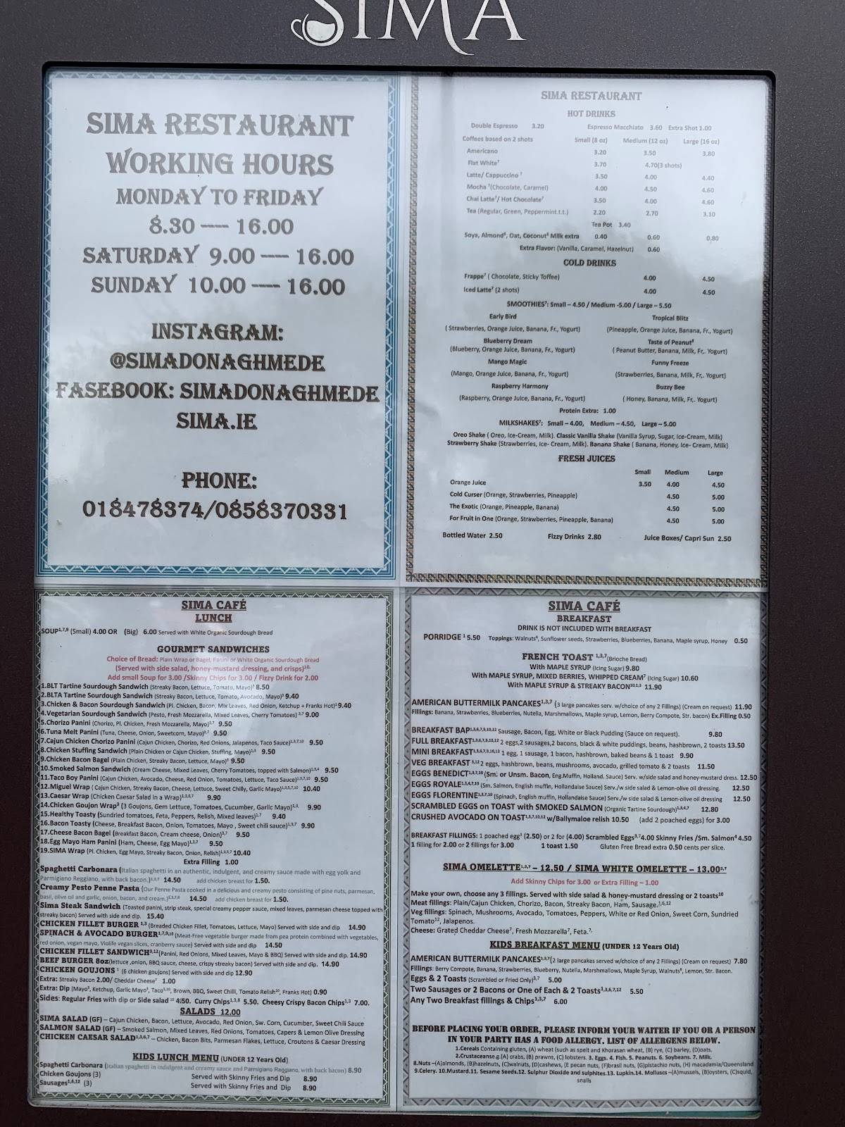 Menu at Sima Cafe & Restaurant, Dublin