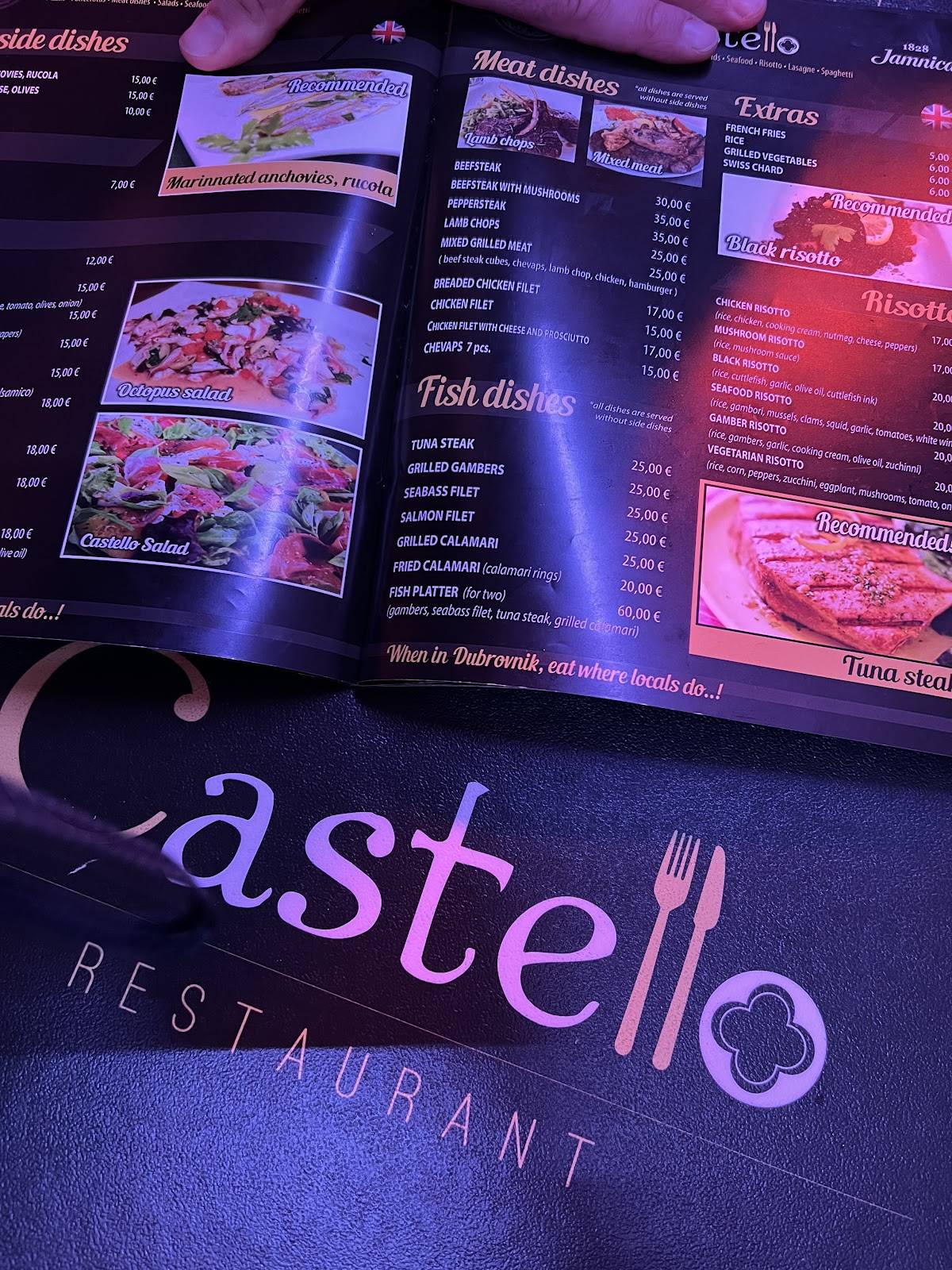 Menu au Castello restaurant, Dubrovnik