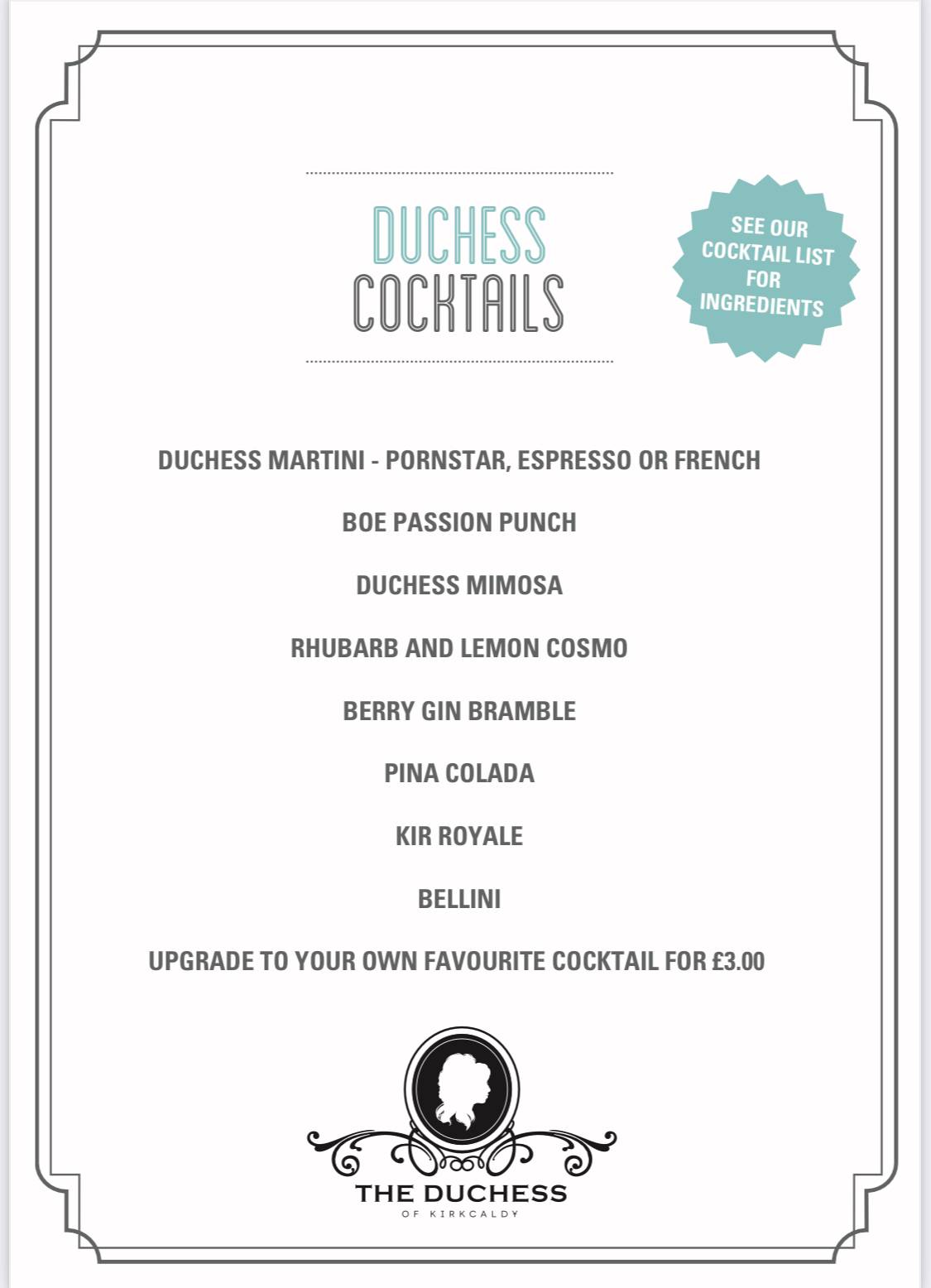 Menu at Duchess of Kirkcaldy restaurant, Kirkcaldy