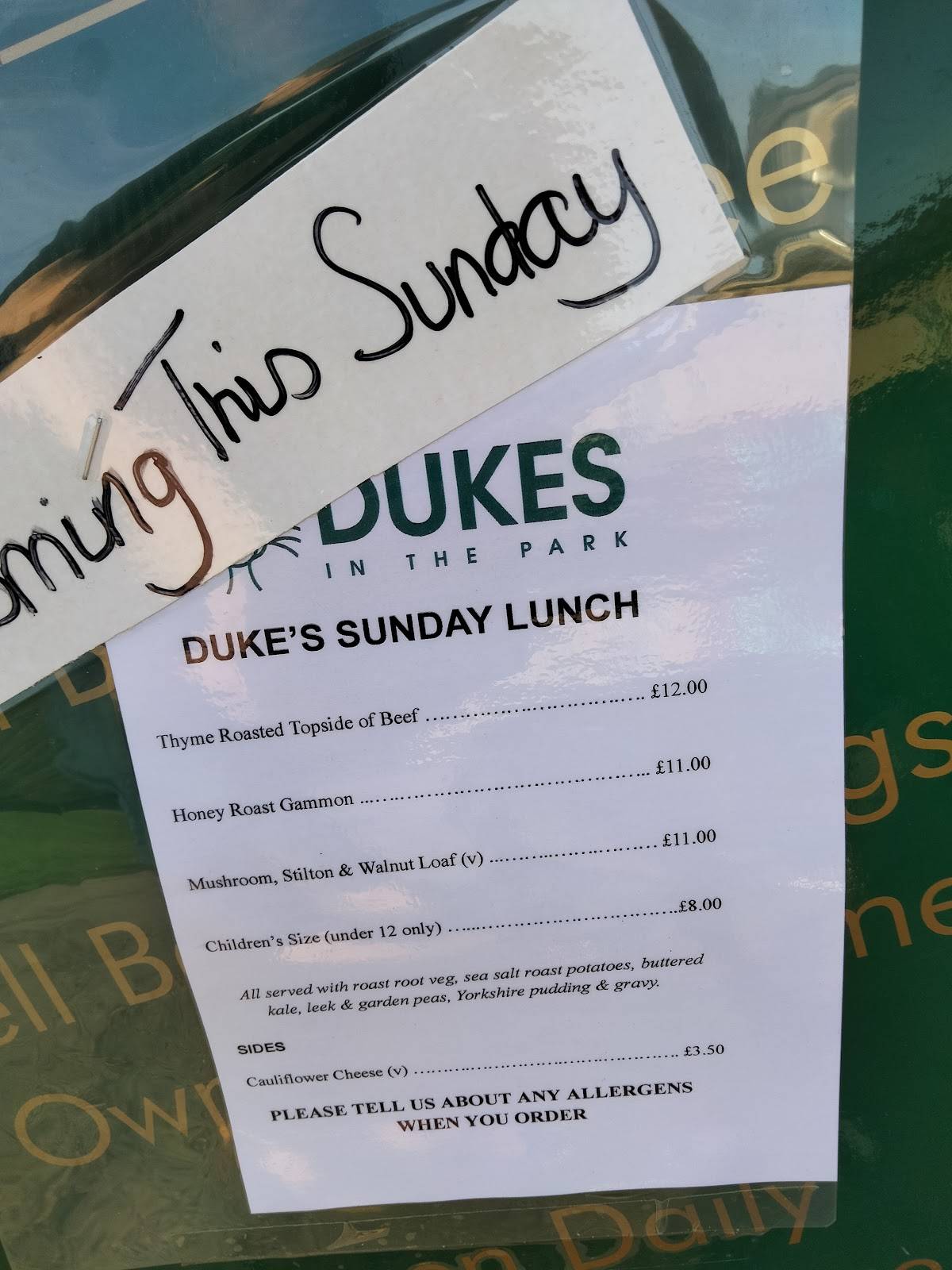 Menu at Dukes in the Park cafe, Sheffield, Guildford Ave
