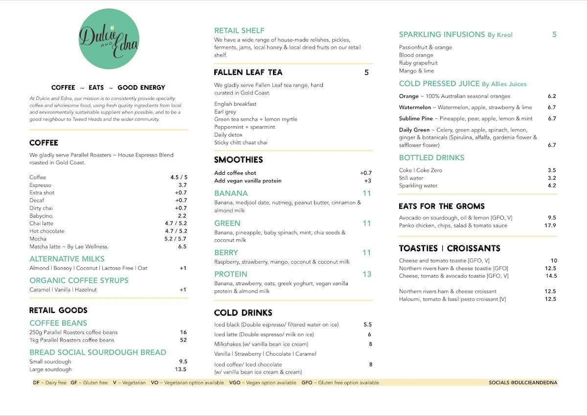 Menu at Dulcie and Edna cafe, Banora Point