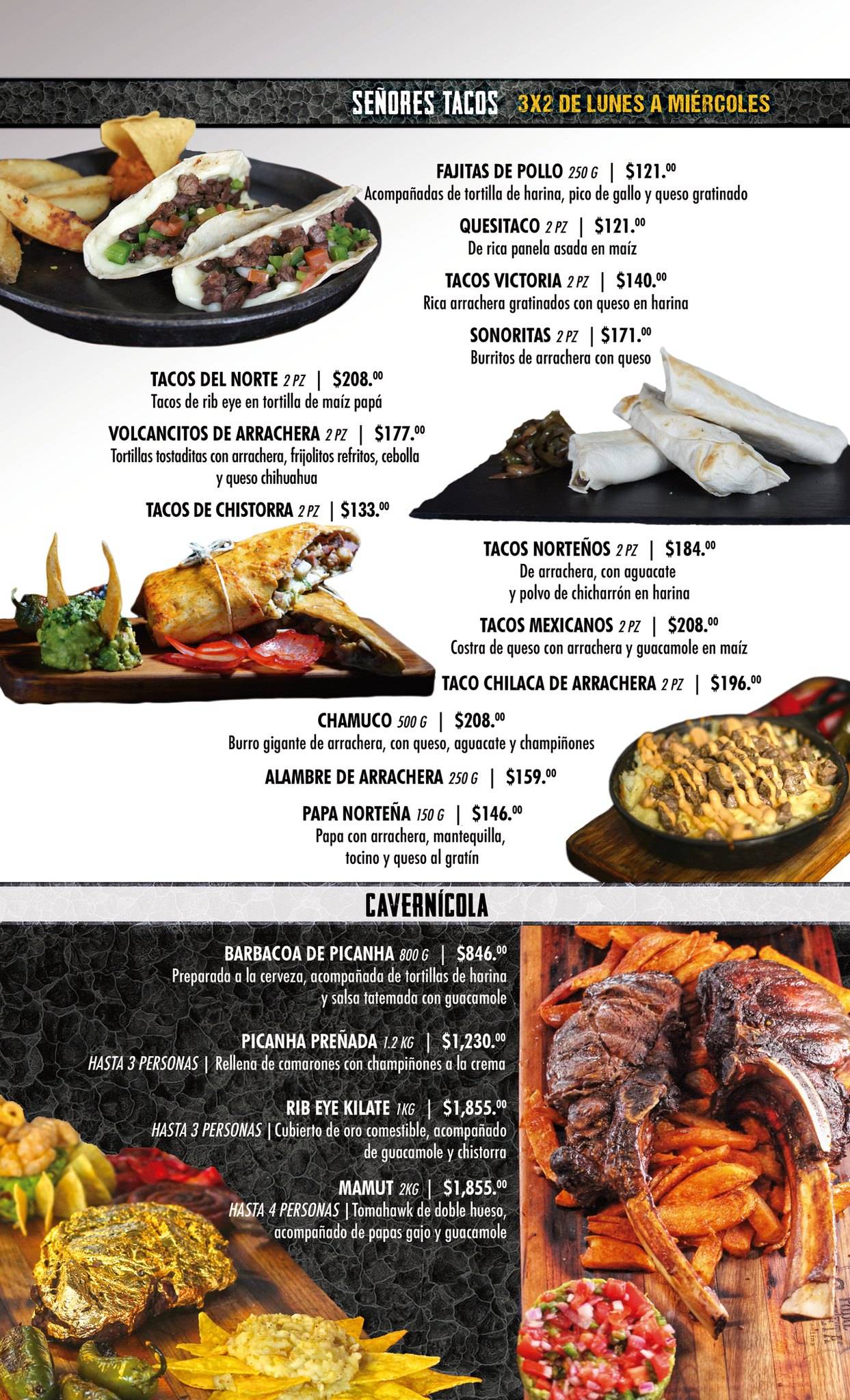 Carta de Papá Chuleta Restaurante, Durango