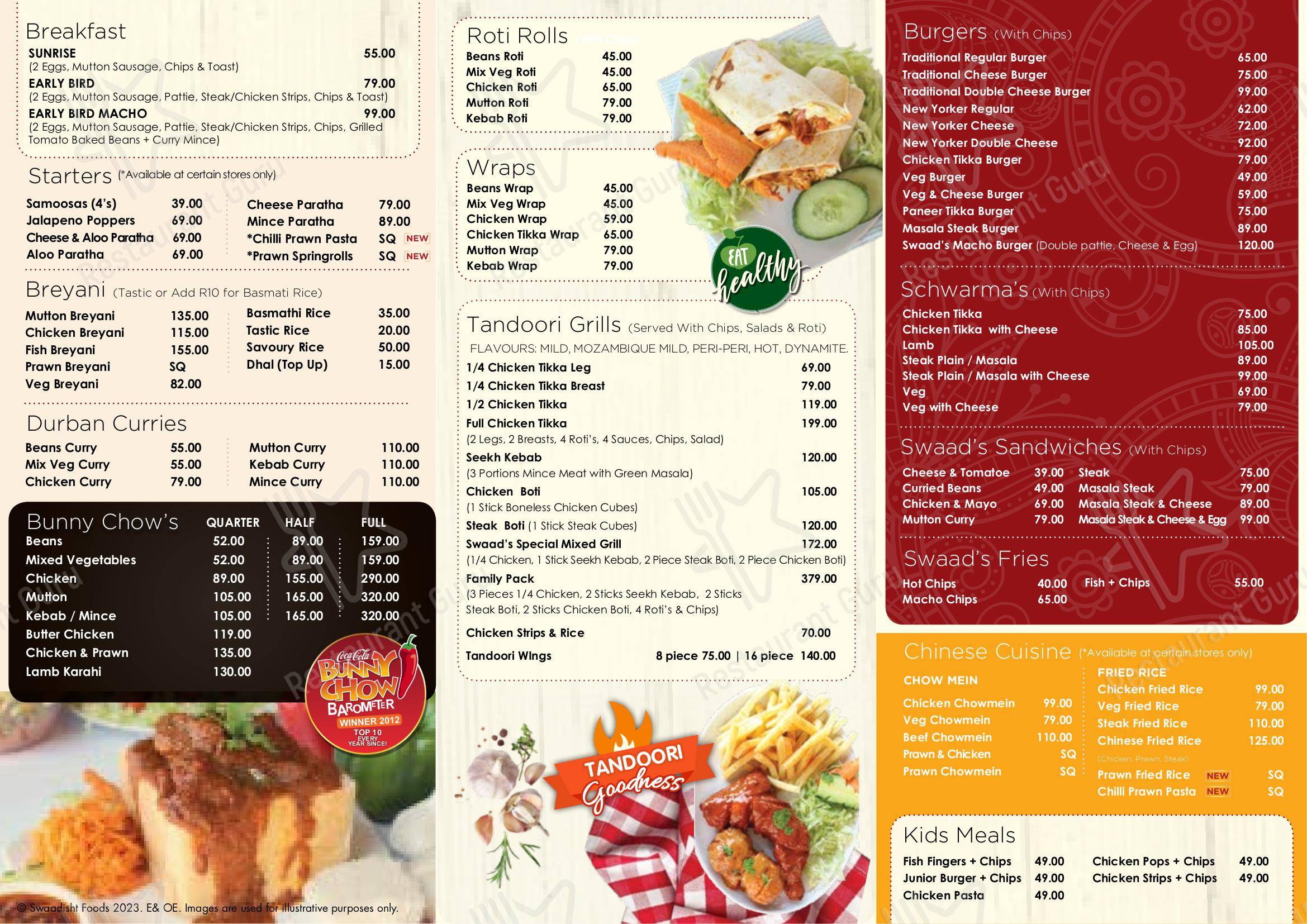 Carta del restaurante Swaadisht Foods Shallcross, Durban, 1