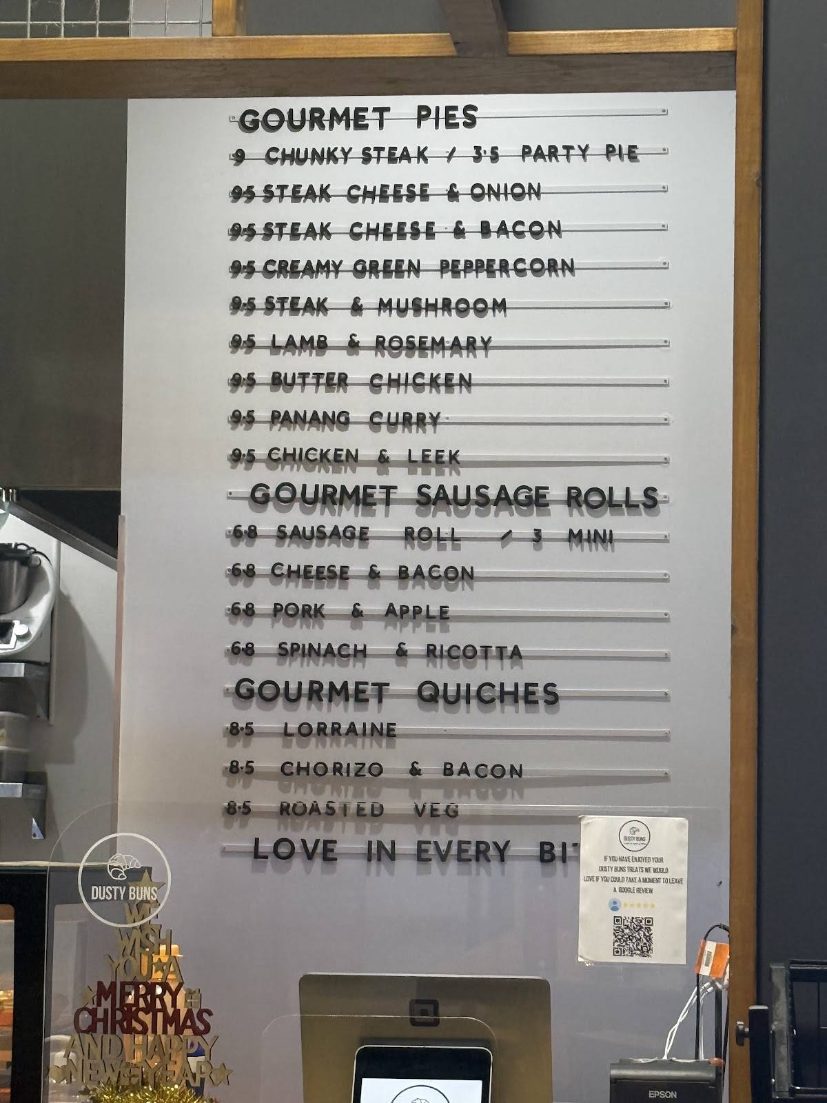 Menu at Dusty Buns restaurant, Busselton