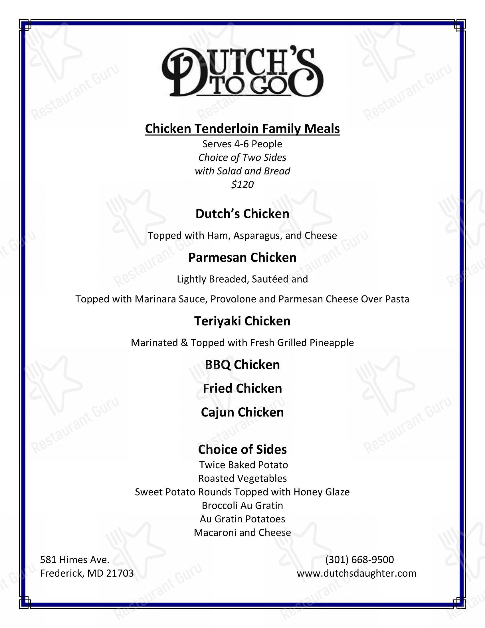 Menu at Dutch's Daughter steakhouse, Frederick, 581 Himes Ave