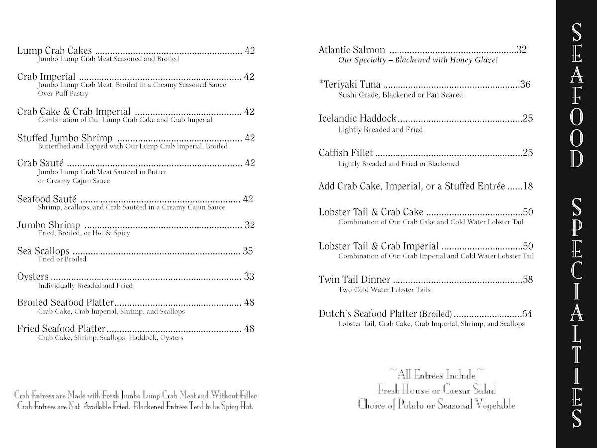 Menu at Dutch's Daughter steakhouse, Frederick, 581 Himes Ave