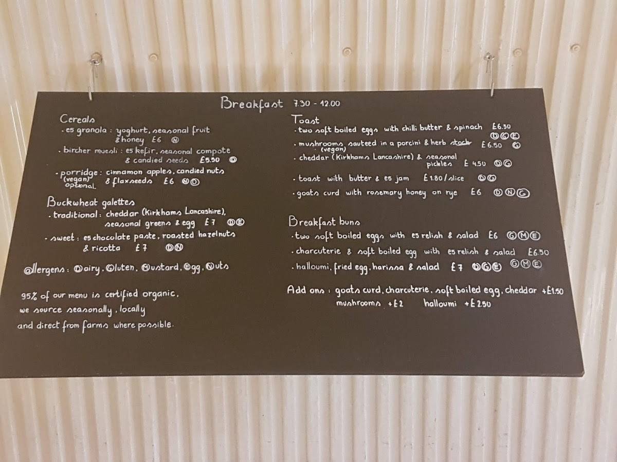 Menu at E5 Bakehouse cafe, London