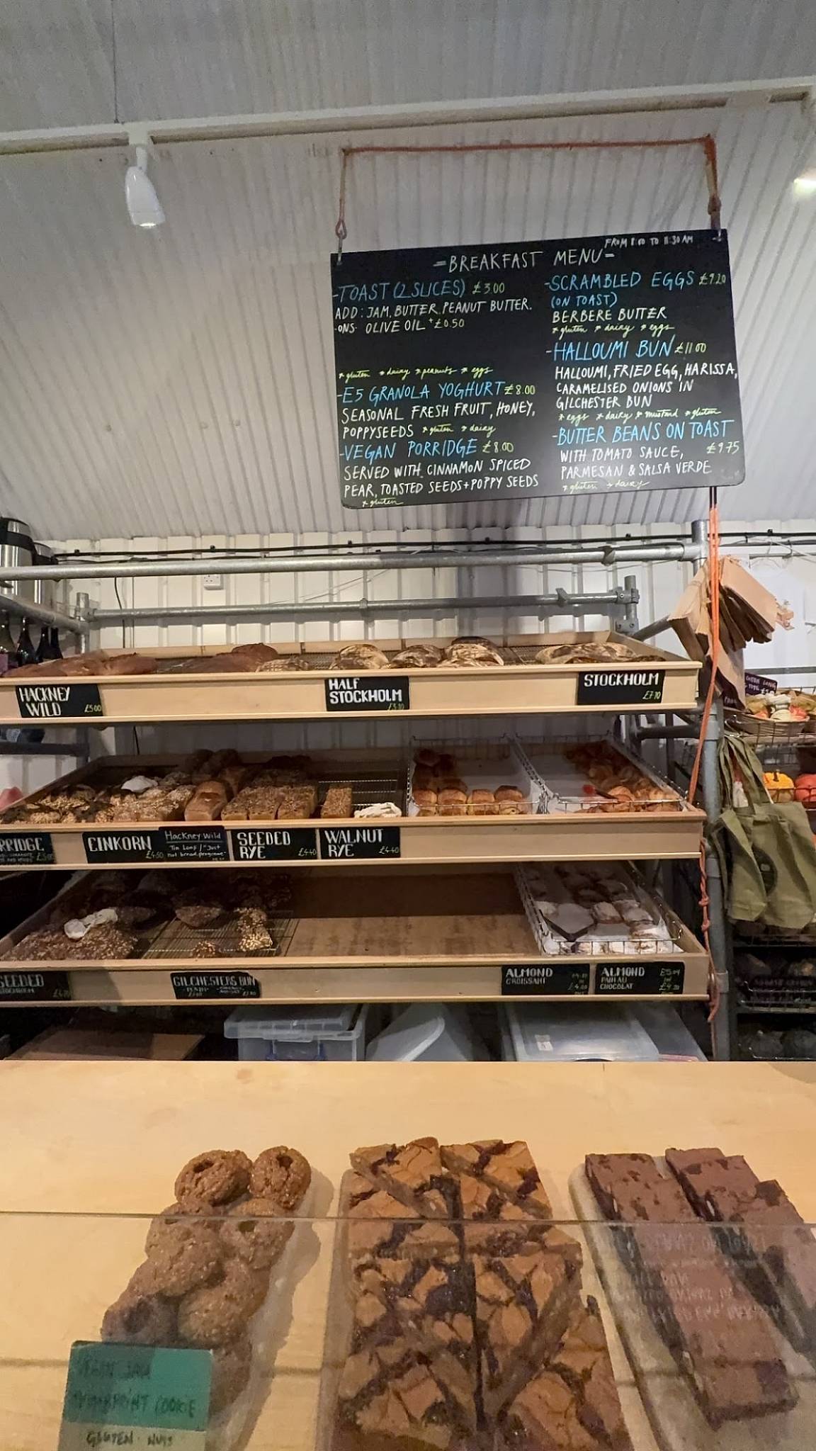 Menu at E5 Bakehouse cafe, London