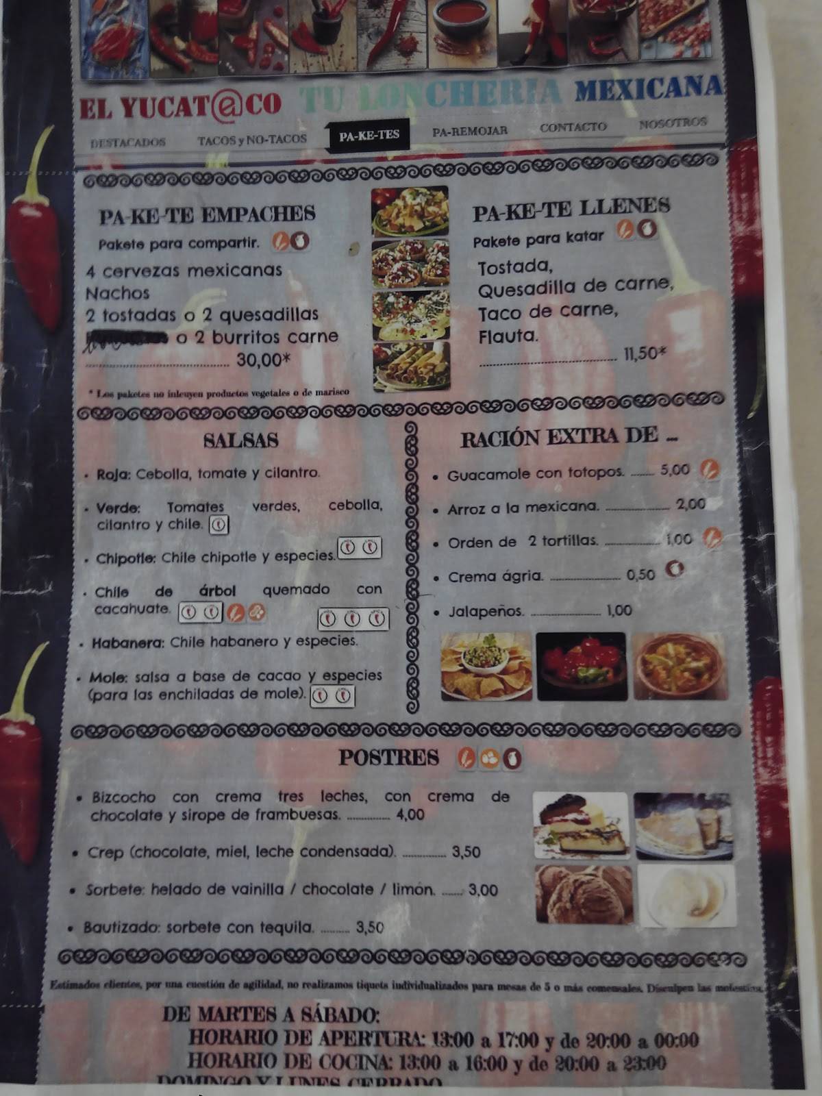Carta del restaurante EL YUCATECO PELANÁ, Palma del Mallorca