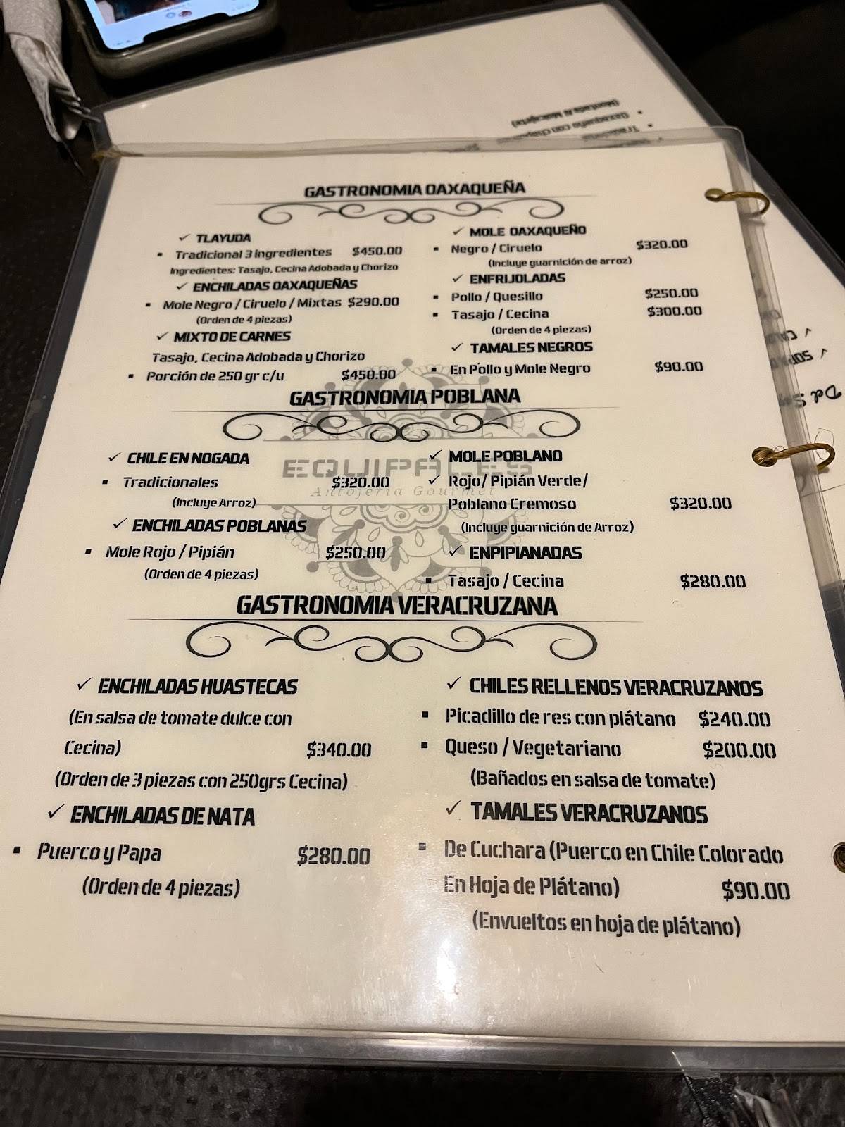 Carta de EQUIPALES Restaurante Artesanal Mexicano, Monterrey