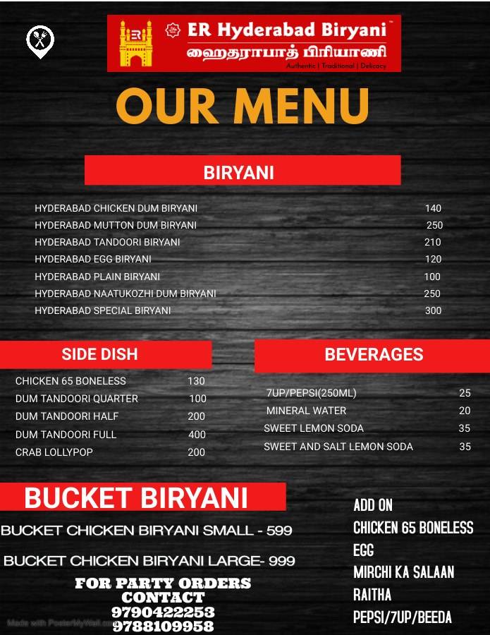 Menu at ER Hyderabad Biryani Salem, India