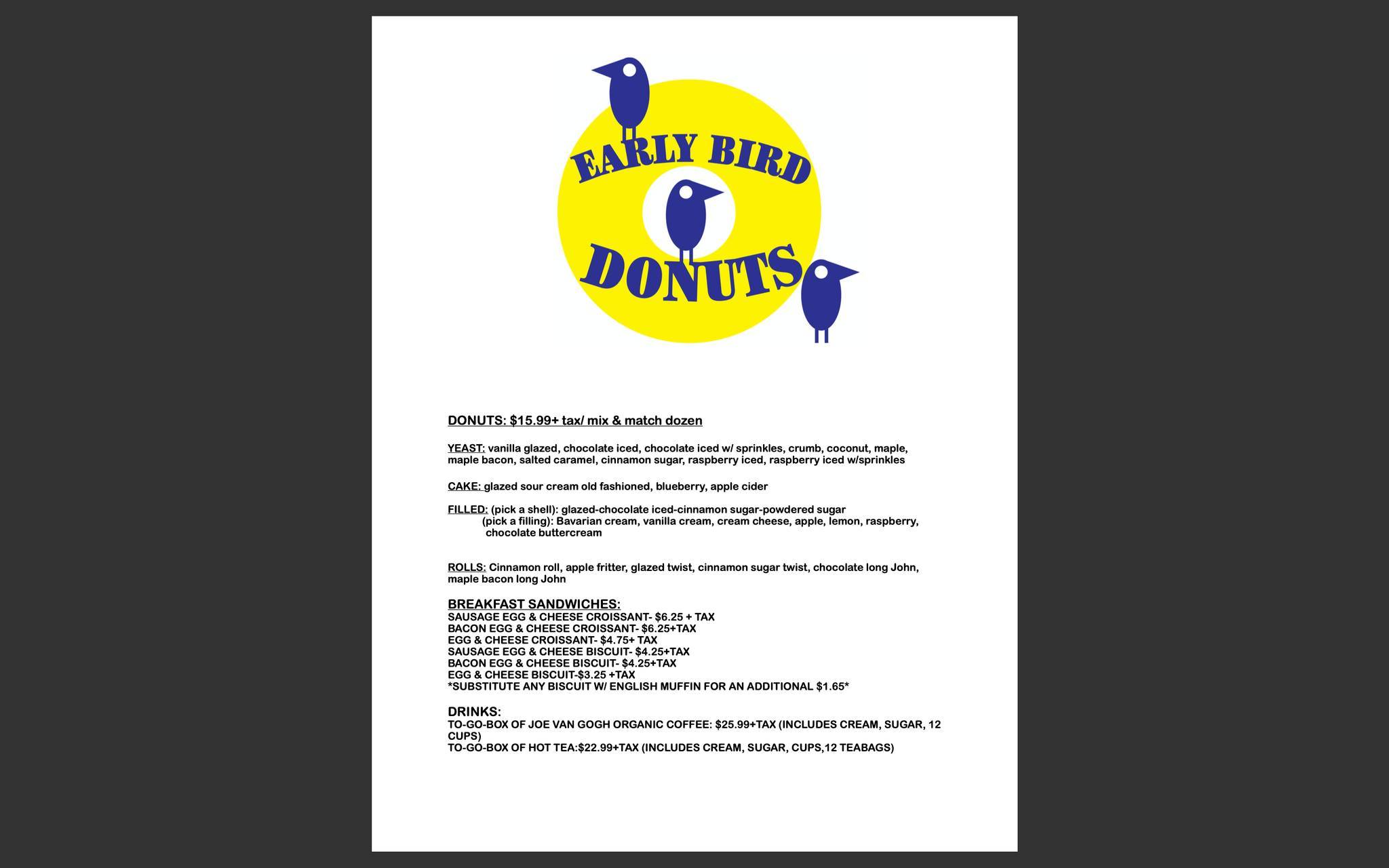 Menu at Early Bird Donuts, Durham
