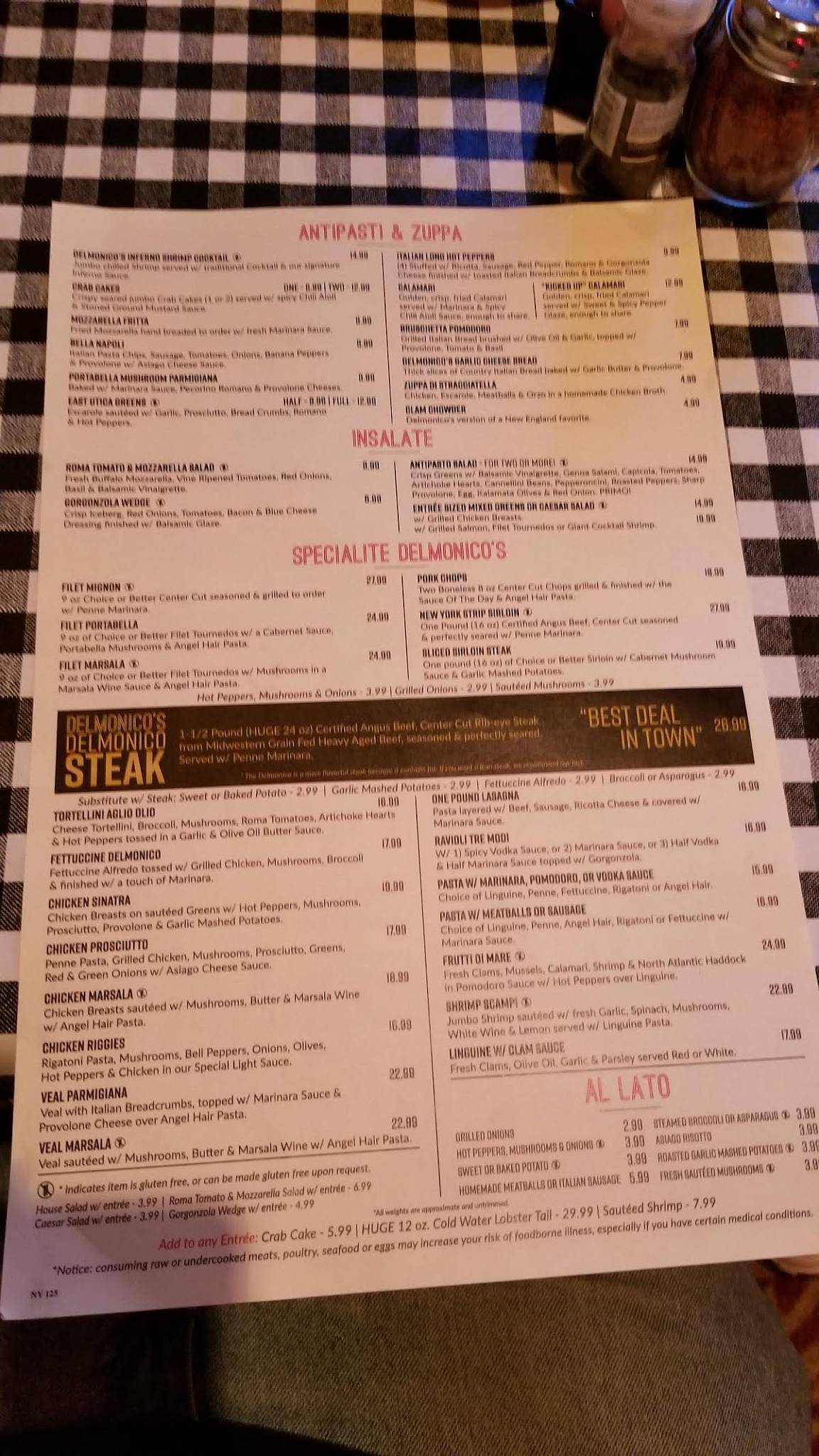 Menu at Delmonico's Syracuse steakhouse, Syracuse