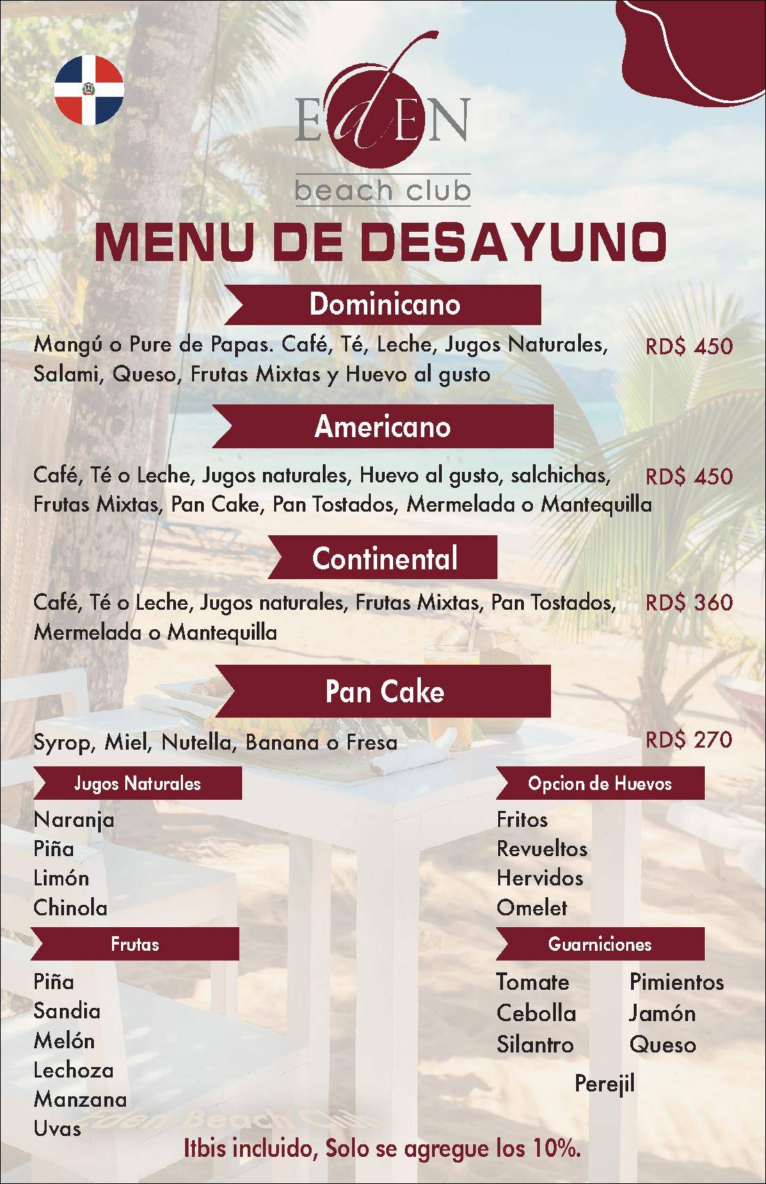 Carta de Eden Beach Club, Las Terrenas