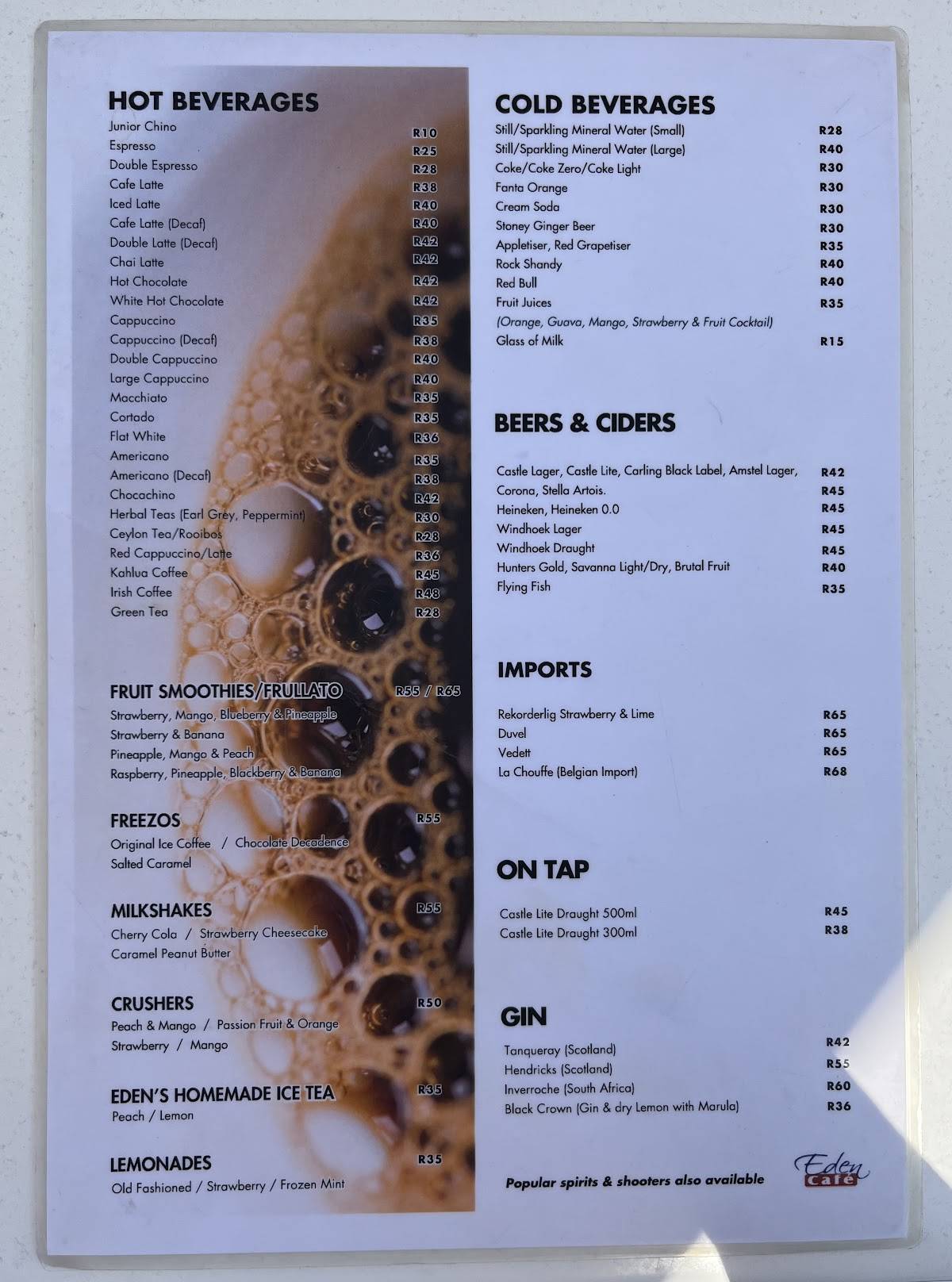 Menu au Eden Café Restaurant, Le Cap, Eden on the Bay Centre
