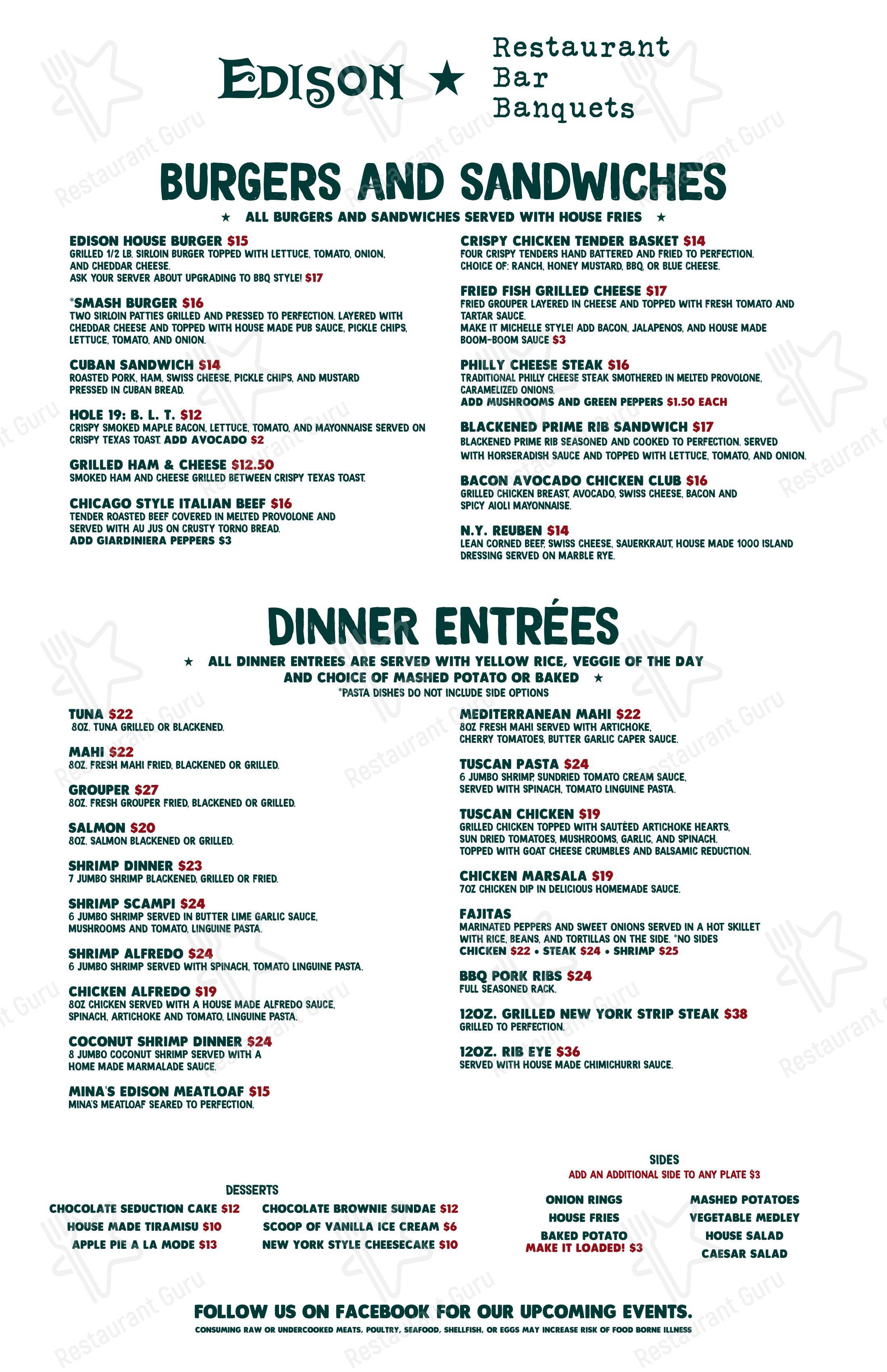Menu at Edison Tavern pub & bar, Fort Myers