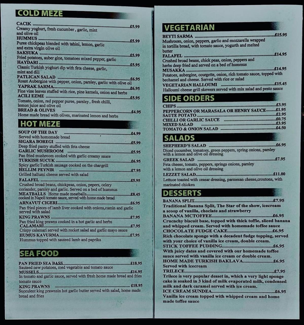 Menu at Efe’s restaurant, Middlesbrough