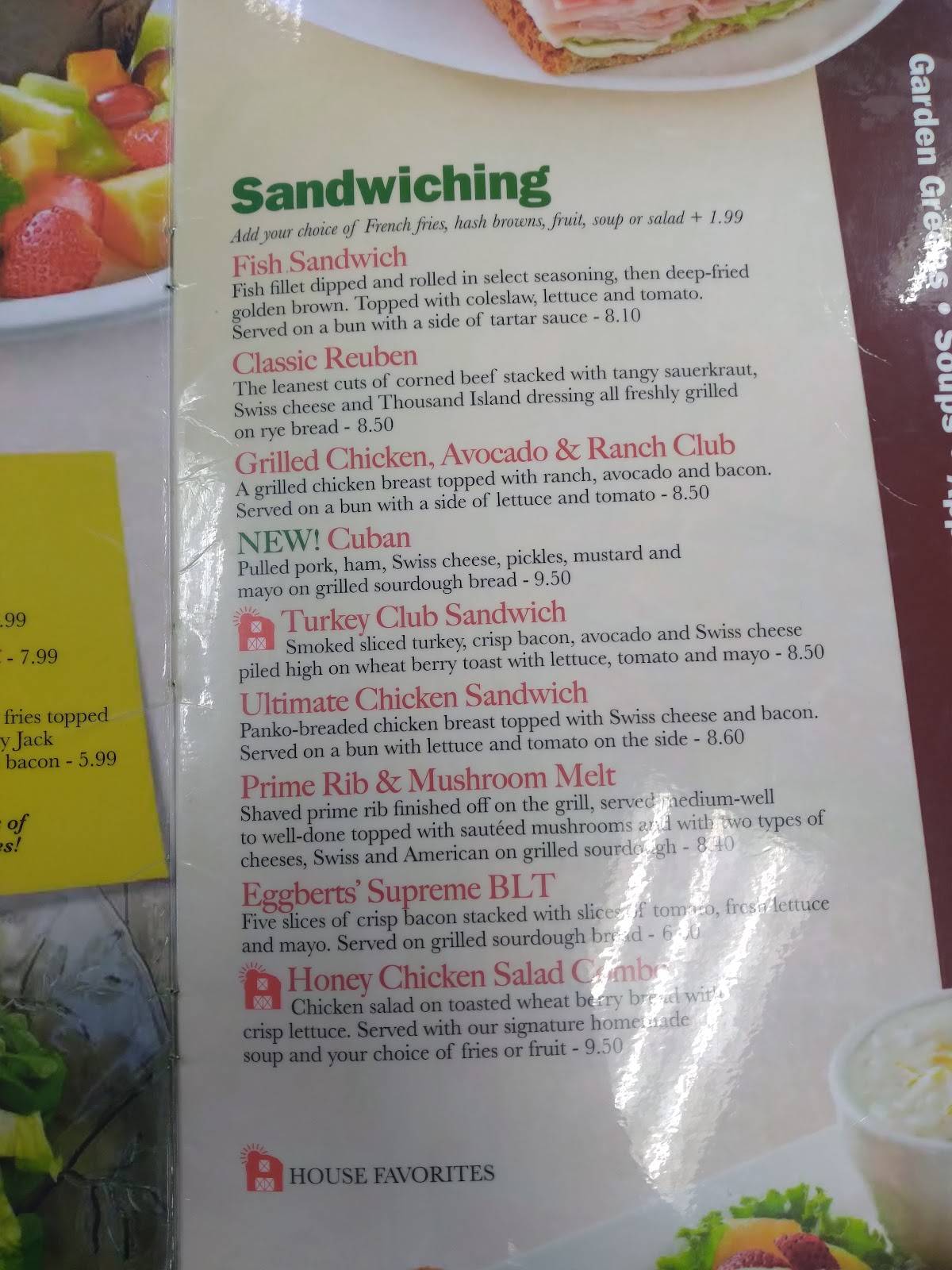 Menu at Eggbert's restaurant, Claremore, 900 S Lynn Riggs Blvd