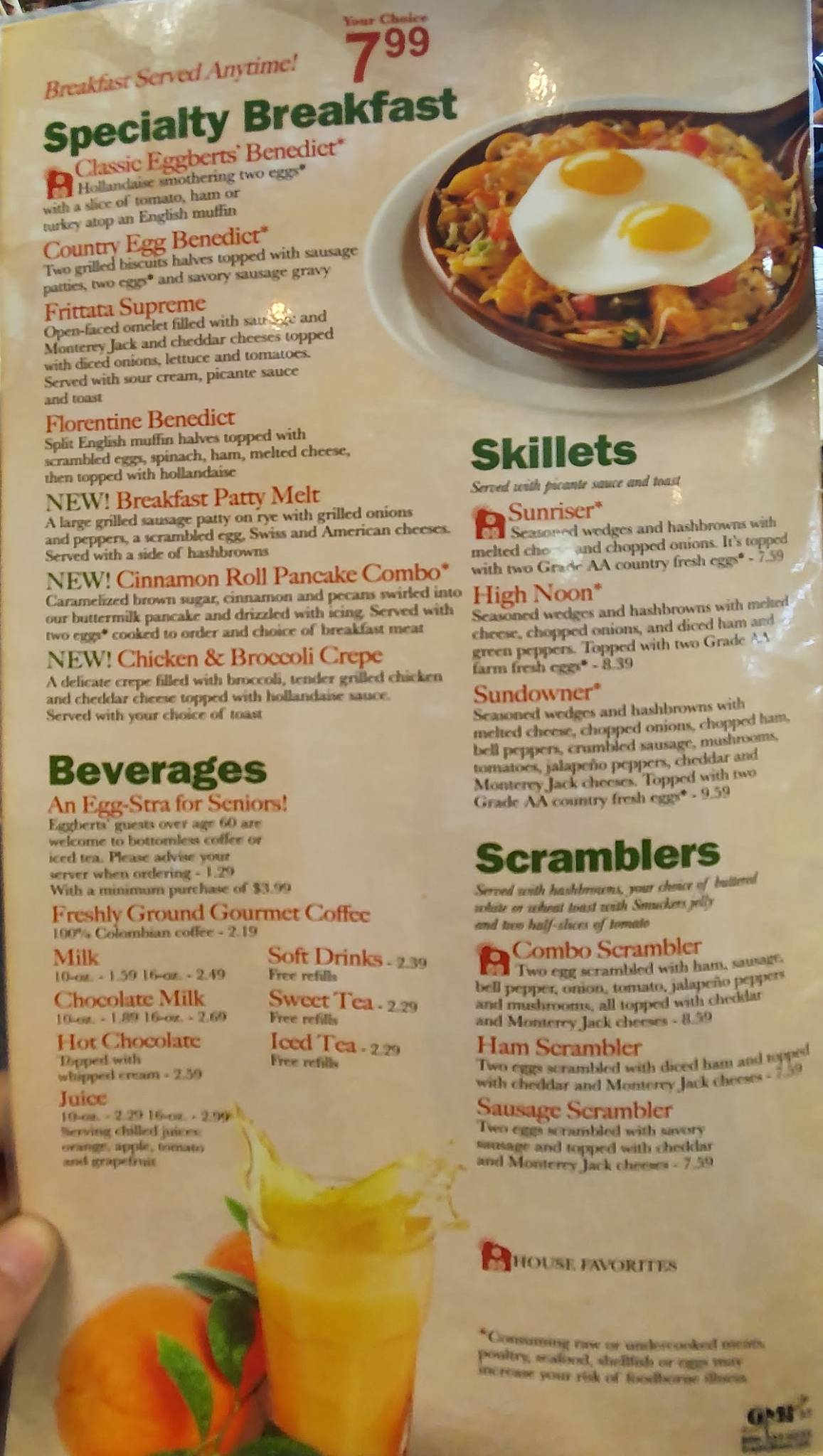 Menu at Eggbert's restaurant, Claremore, 900 S Lynn Riggs Blvd