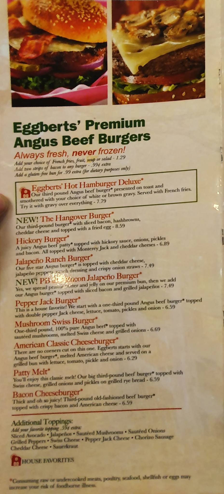 Menu at Eggbert's restaurant, Claremore, 900 S Lynn Riggs Blvd