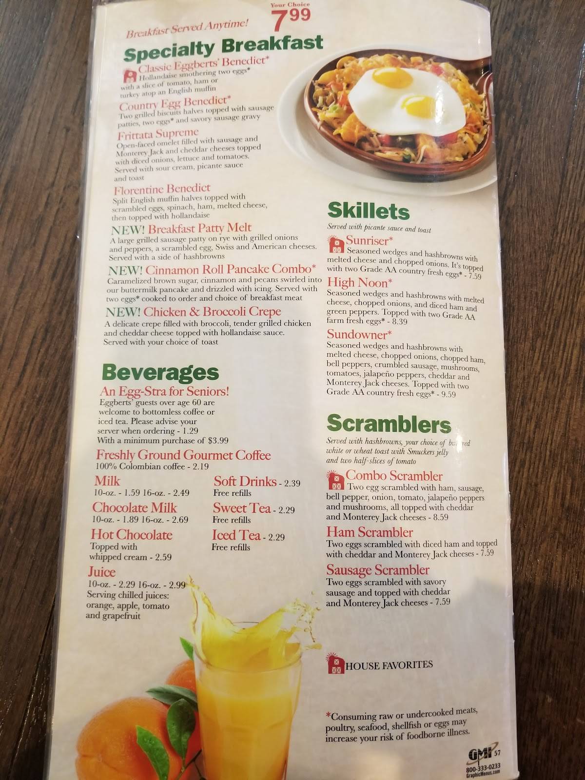 Menu at Eggbert's restaurant, Claremore, 900 S Lynn Riggs Blvd