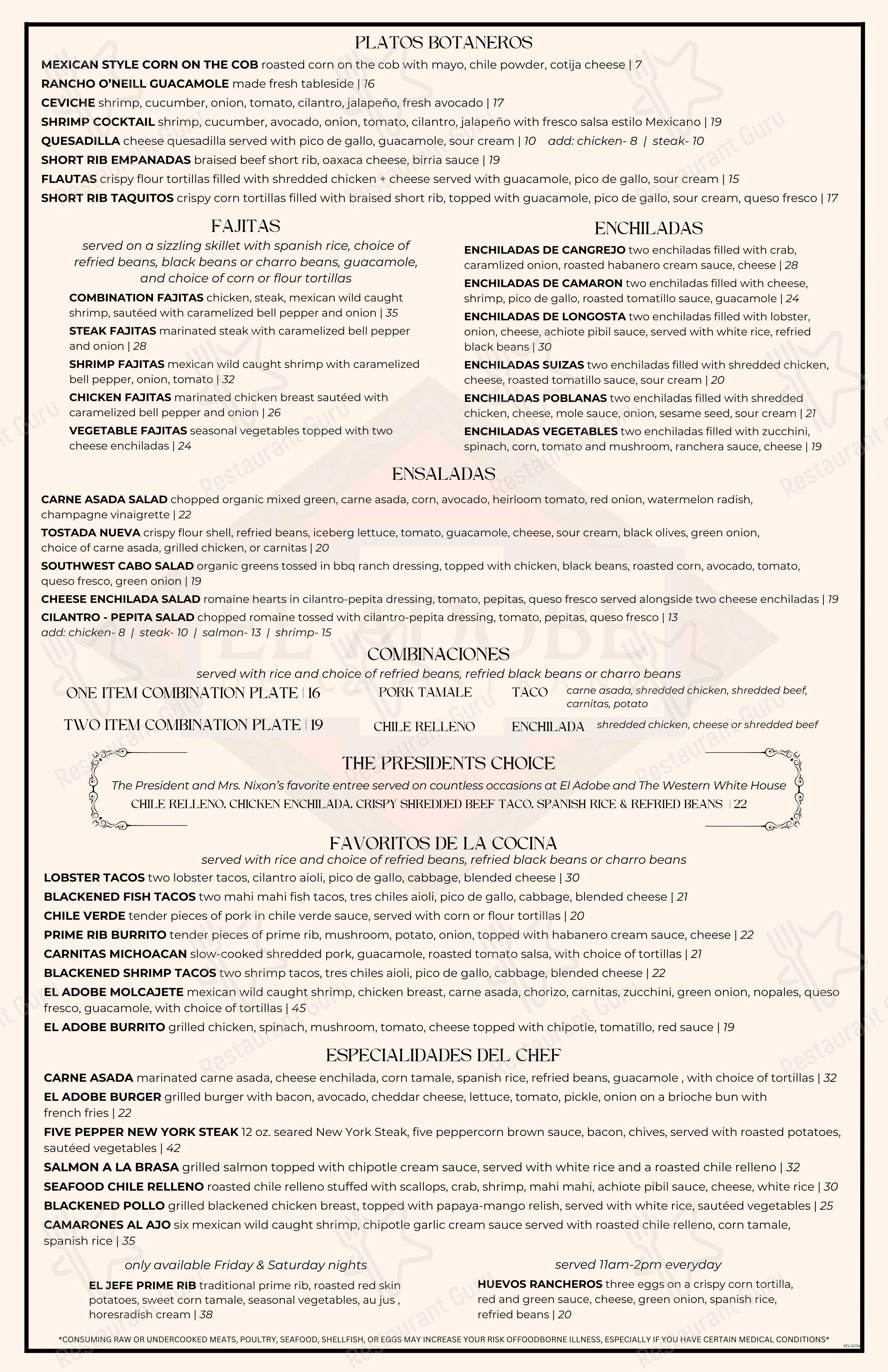 Menu at El Adobe de Capistrano restaurant, San Juan Capistrano