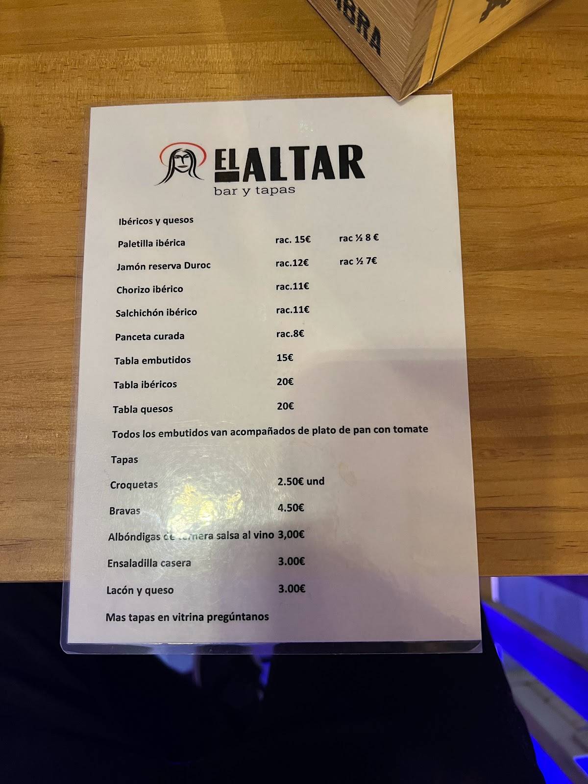 Carta de El Altar Bar i Tapes Lleida, Lérida