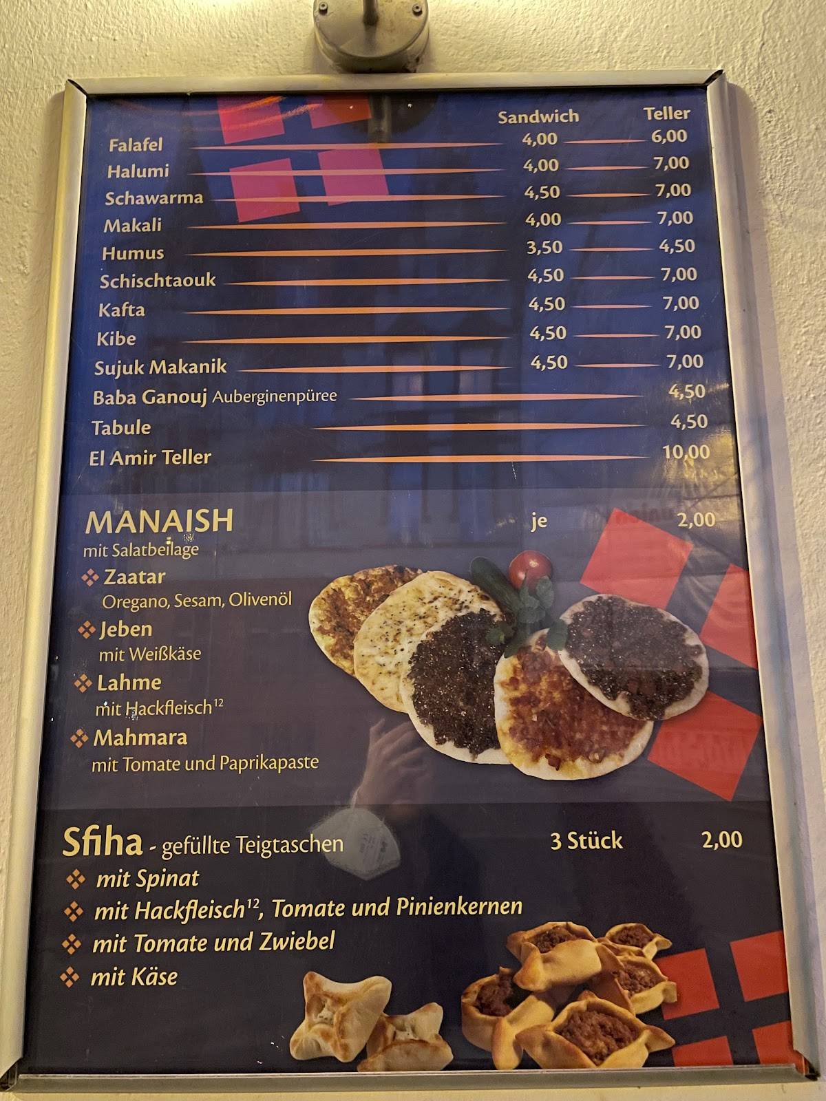 Menu au El Amir restaurant, Potsdam