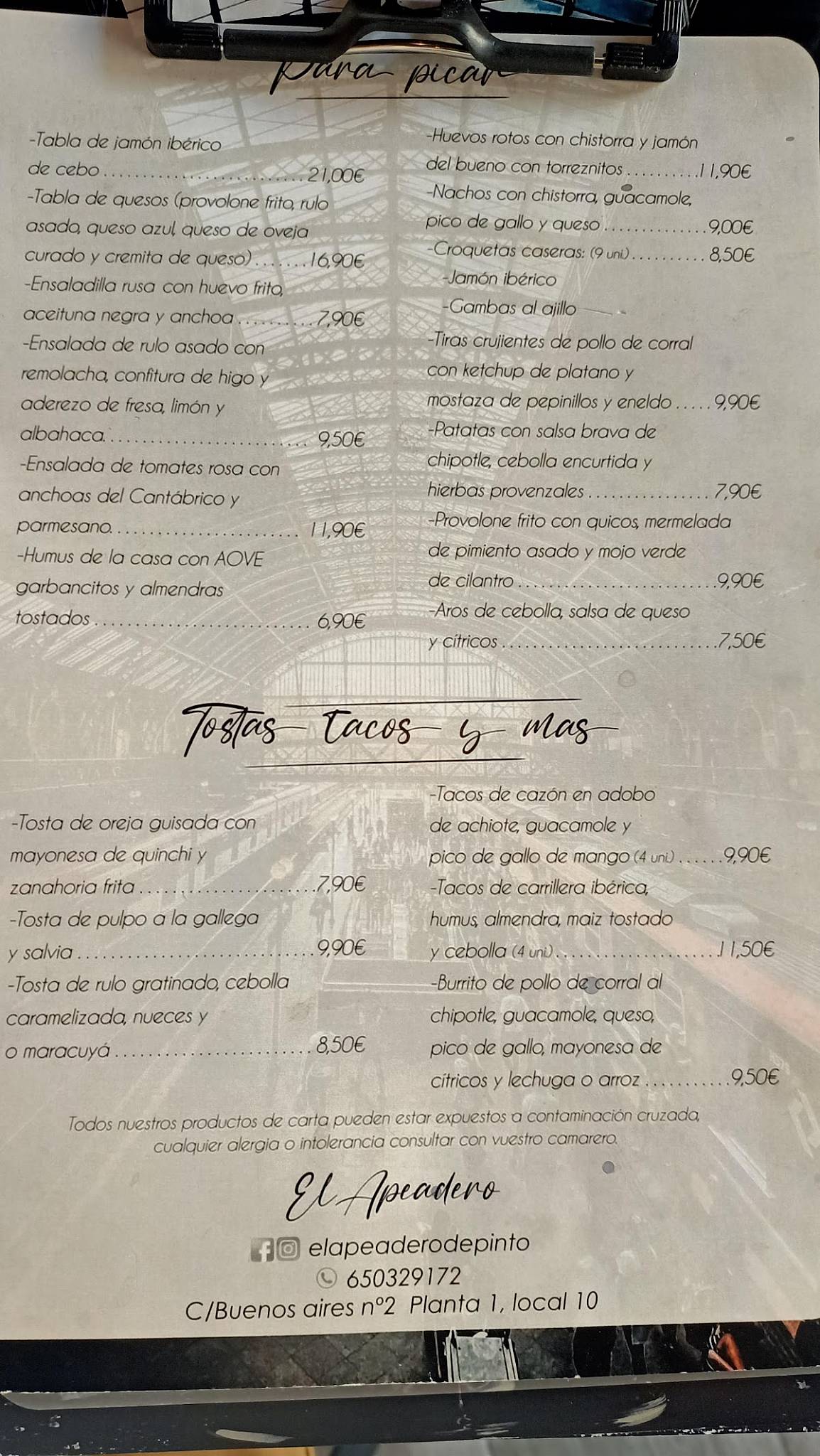 Carta del restaurante El Apeadero del Pinto, Pinto