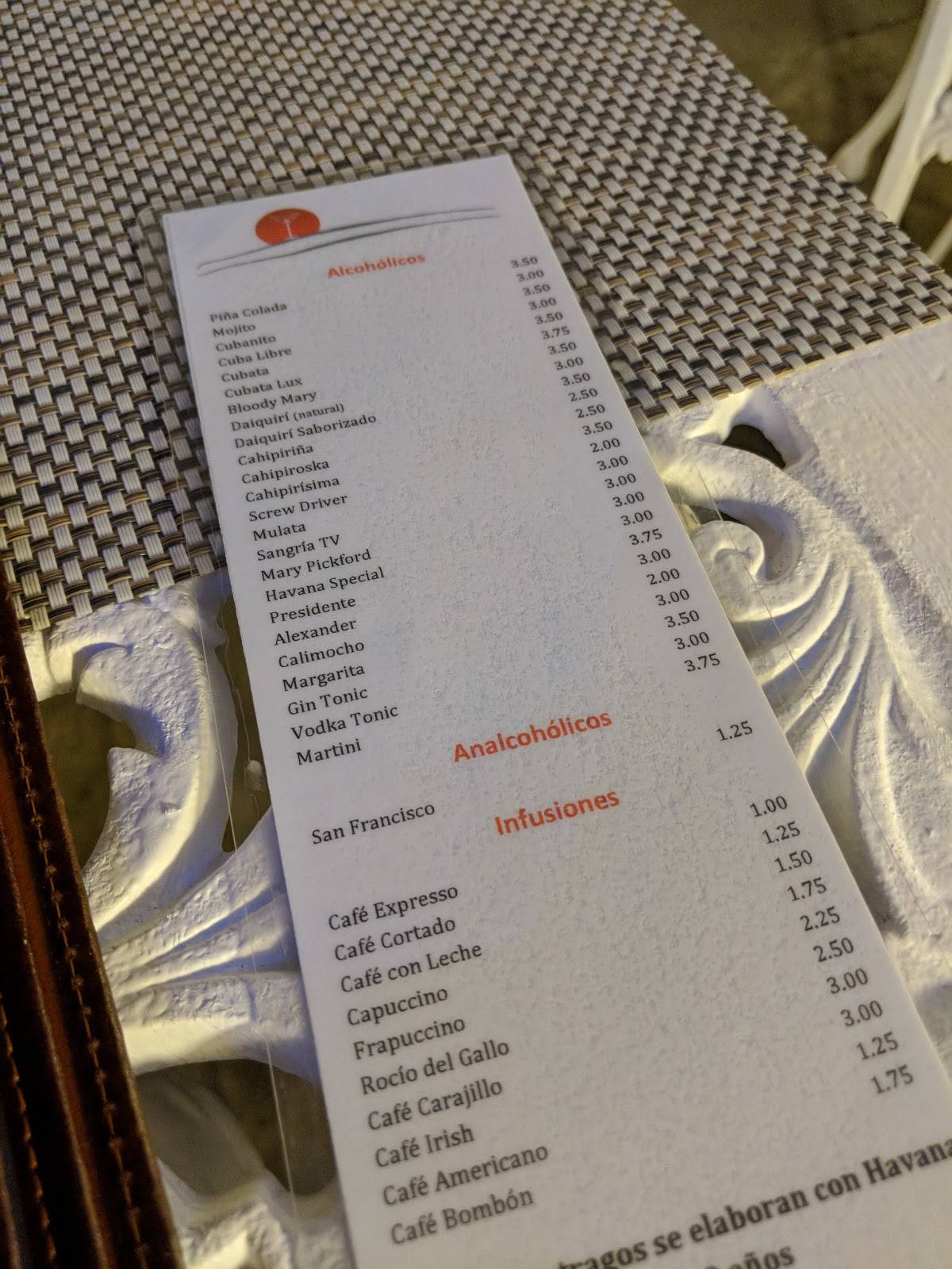 Menu at El Balcón restaurant, Havana, 28e / 31 & 33 Calle 28