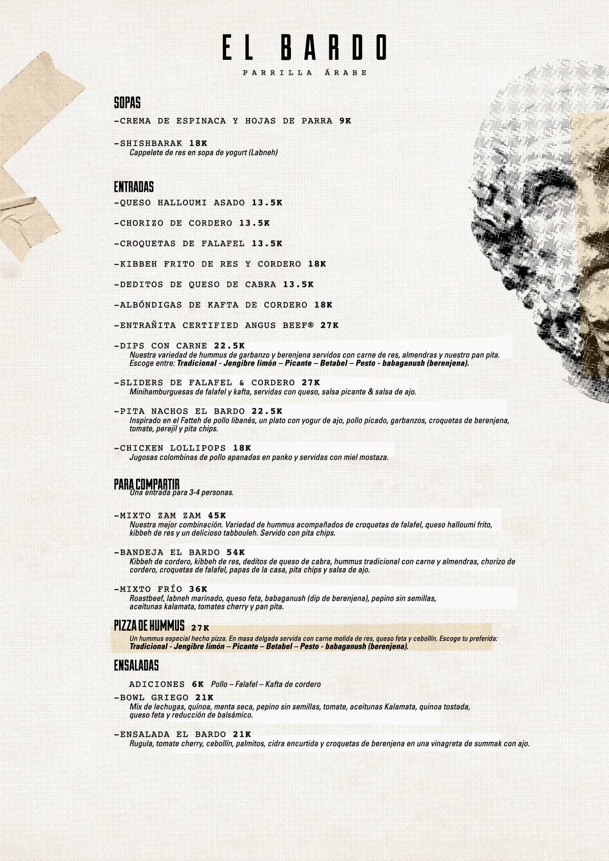 Carta de El Bardo - Bar & Mediterranean Grill Zona G, Bogotá, Cl. 69a #5-59