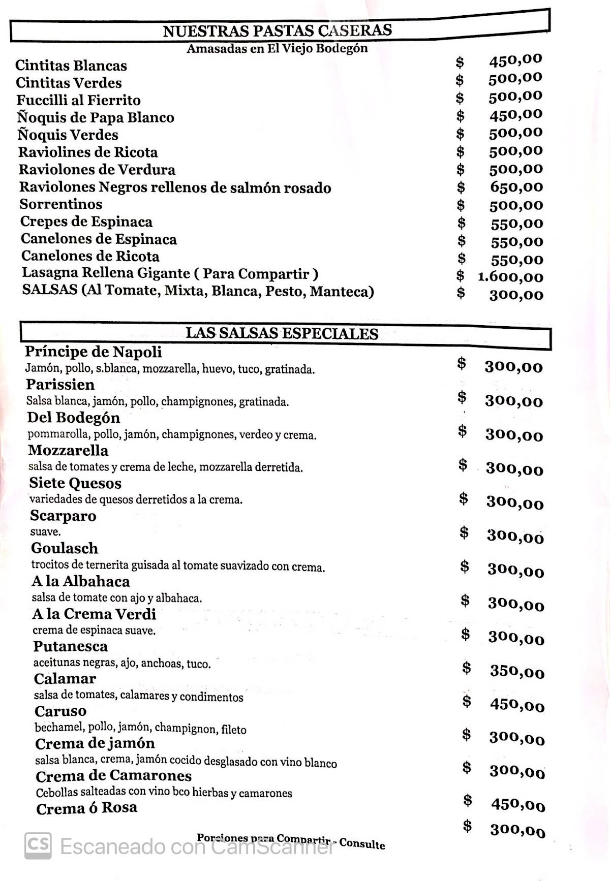 Menu at El Bodegon de Versalles restaurant, Buenos Aires
