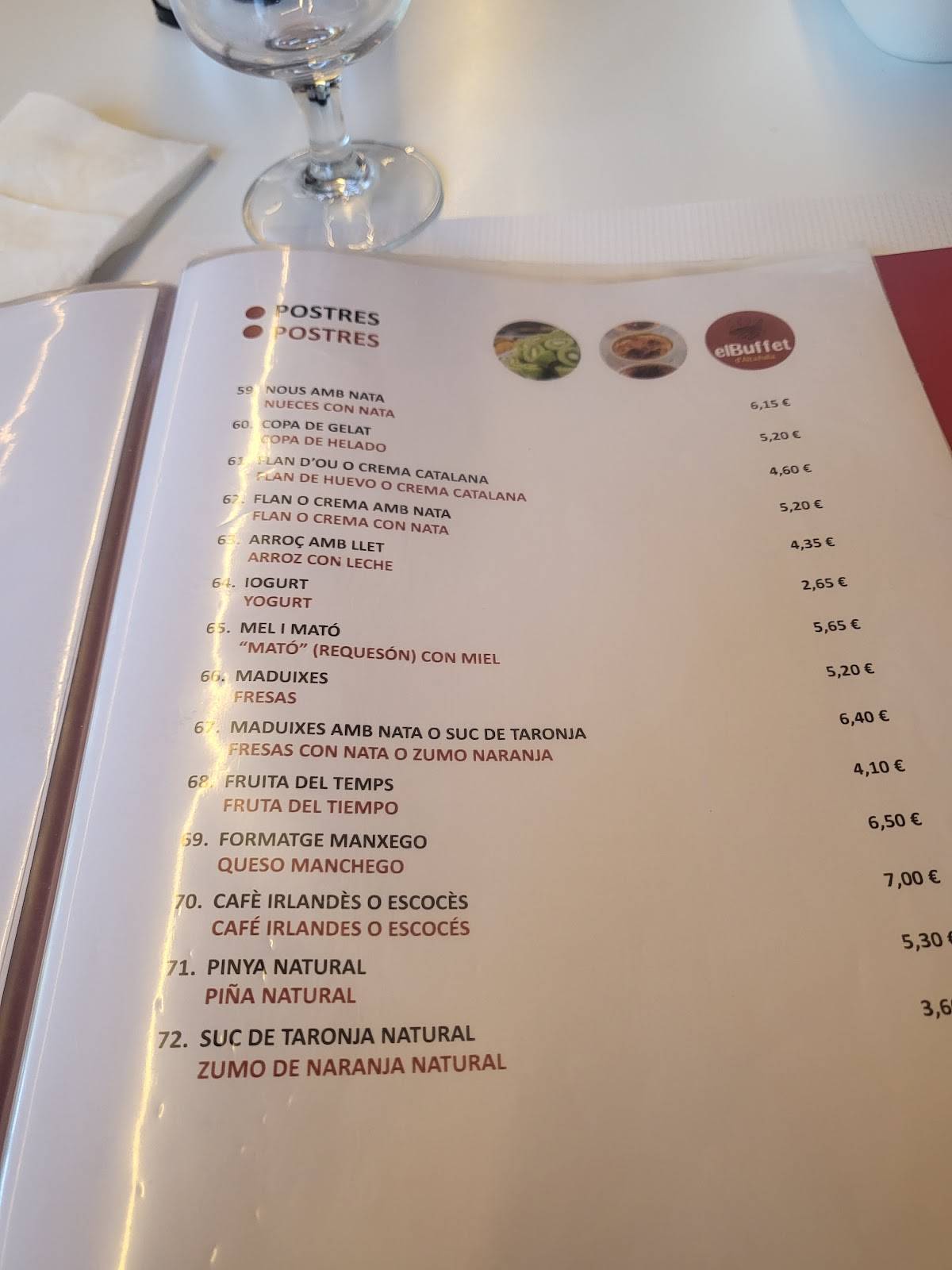 Carta del restaurante El Bufet del Altafulla, Altafulla