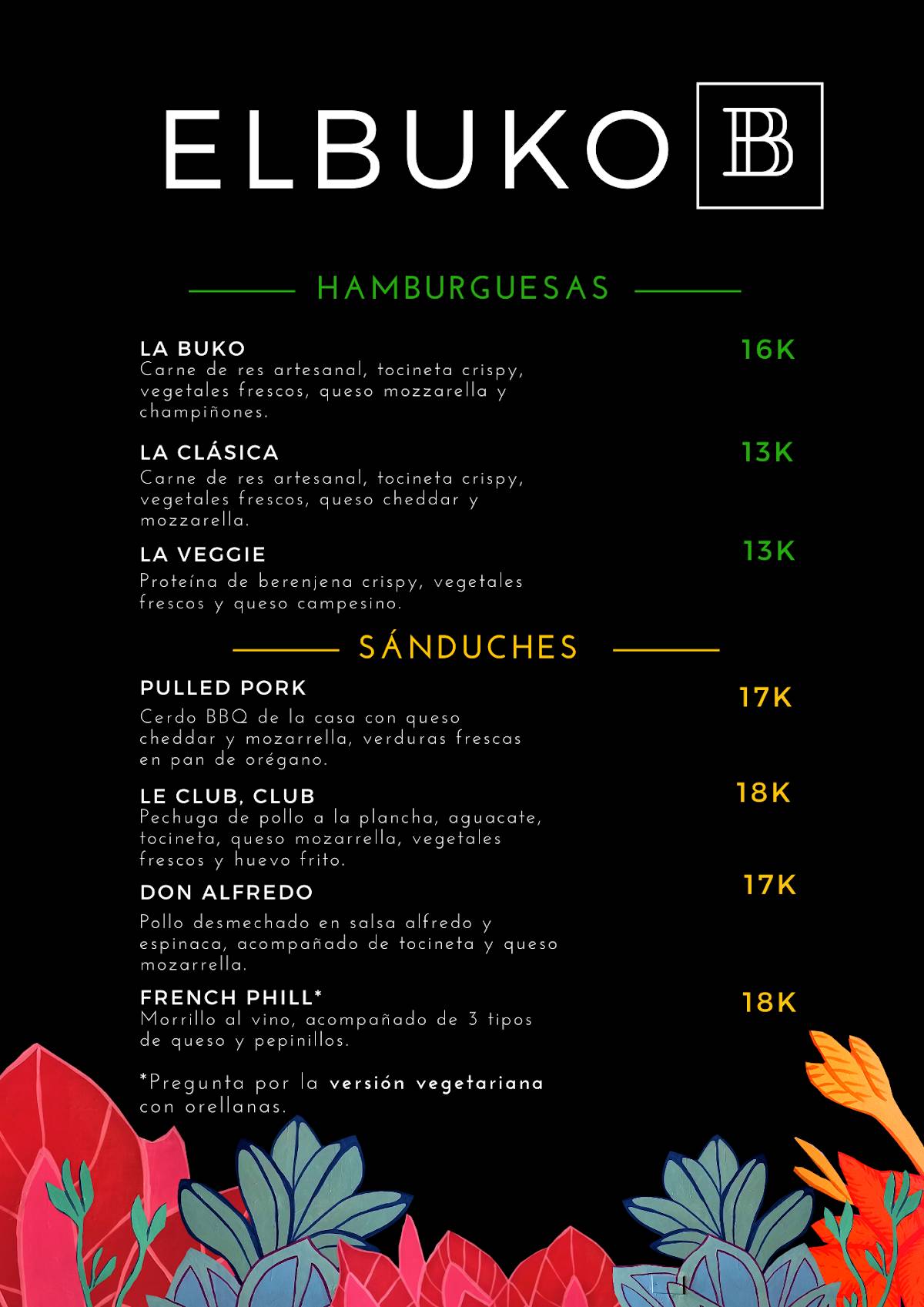 Carta de El Buko restaurante, Guatavita