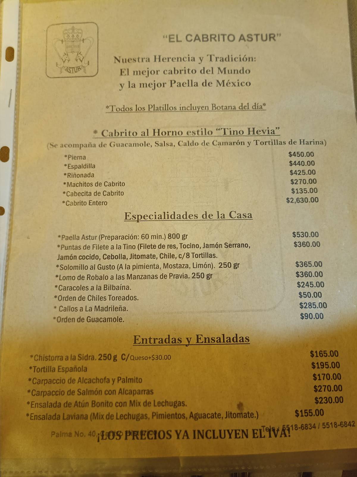 Menu at El Cabrito Astur restaurant, Mexico City