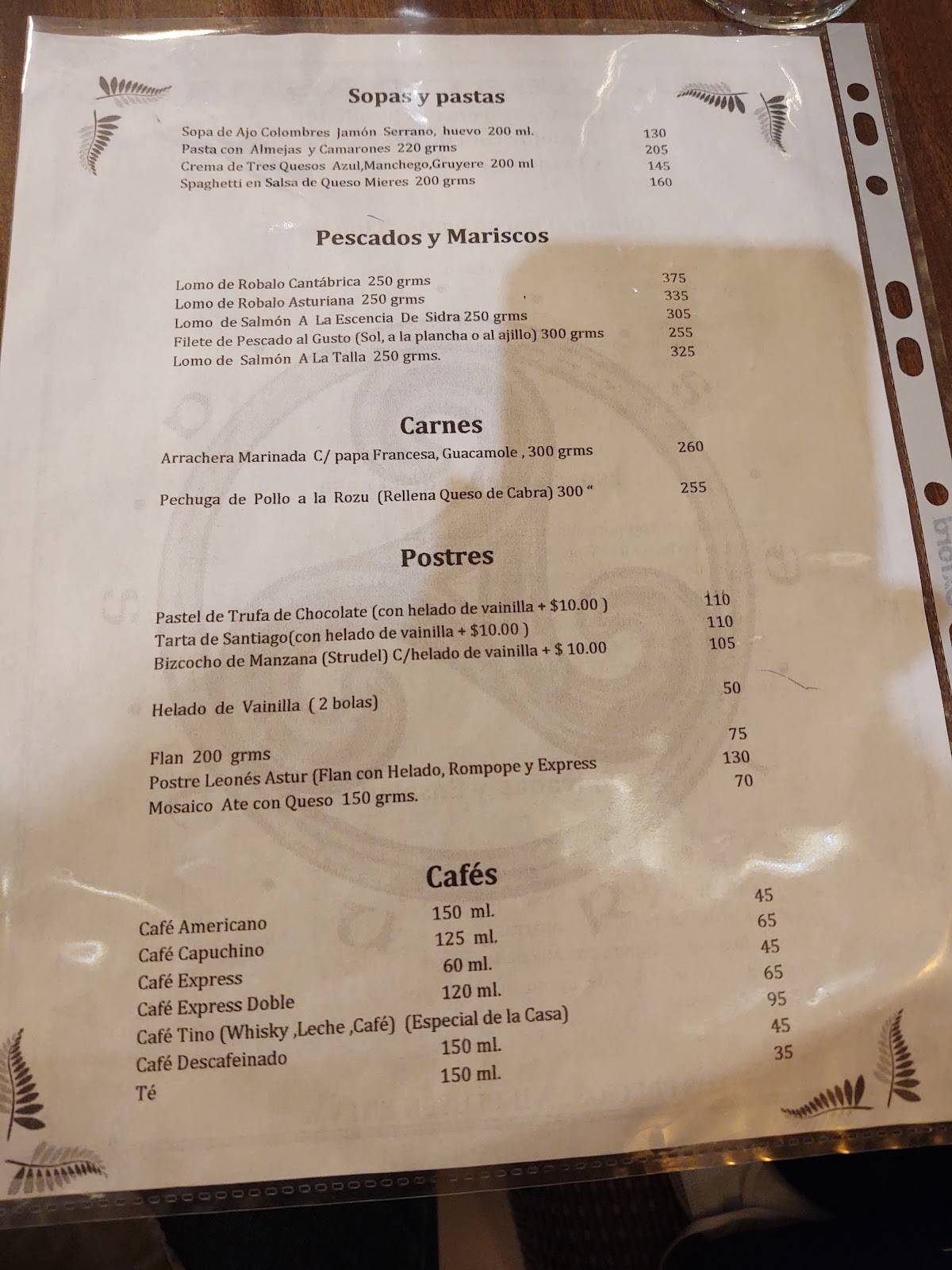 Carta del restaurante El Cabrito Astur, Ciudad del México