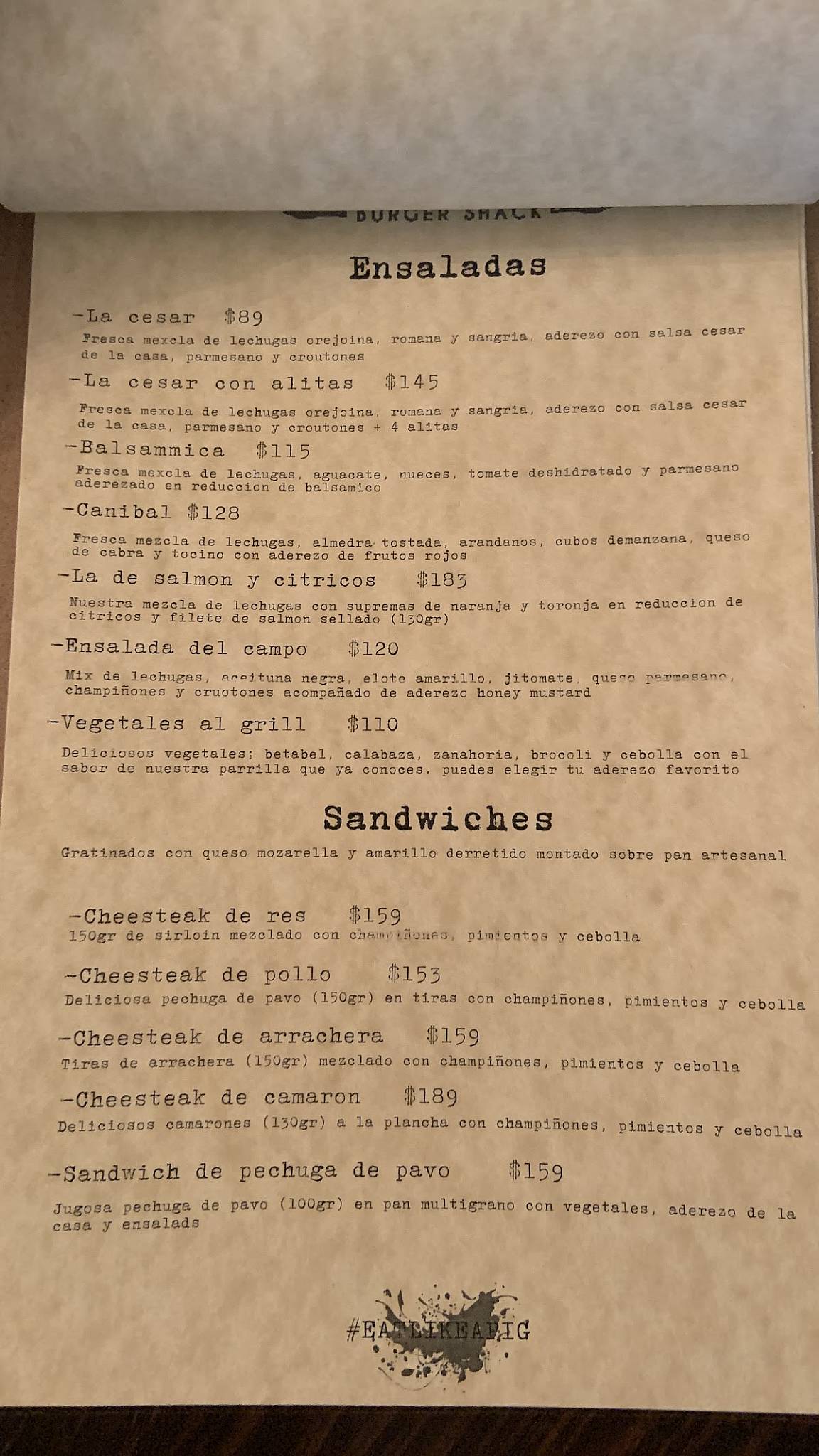 Menu at El Canibal restaurant, Guadalajara, Av. de la Paz 1800