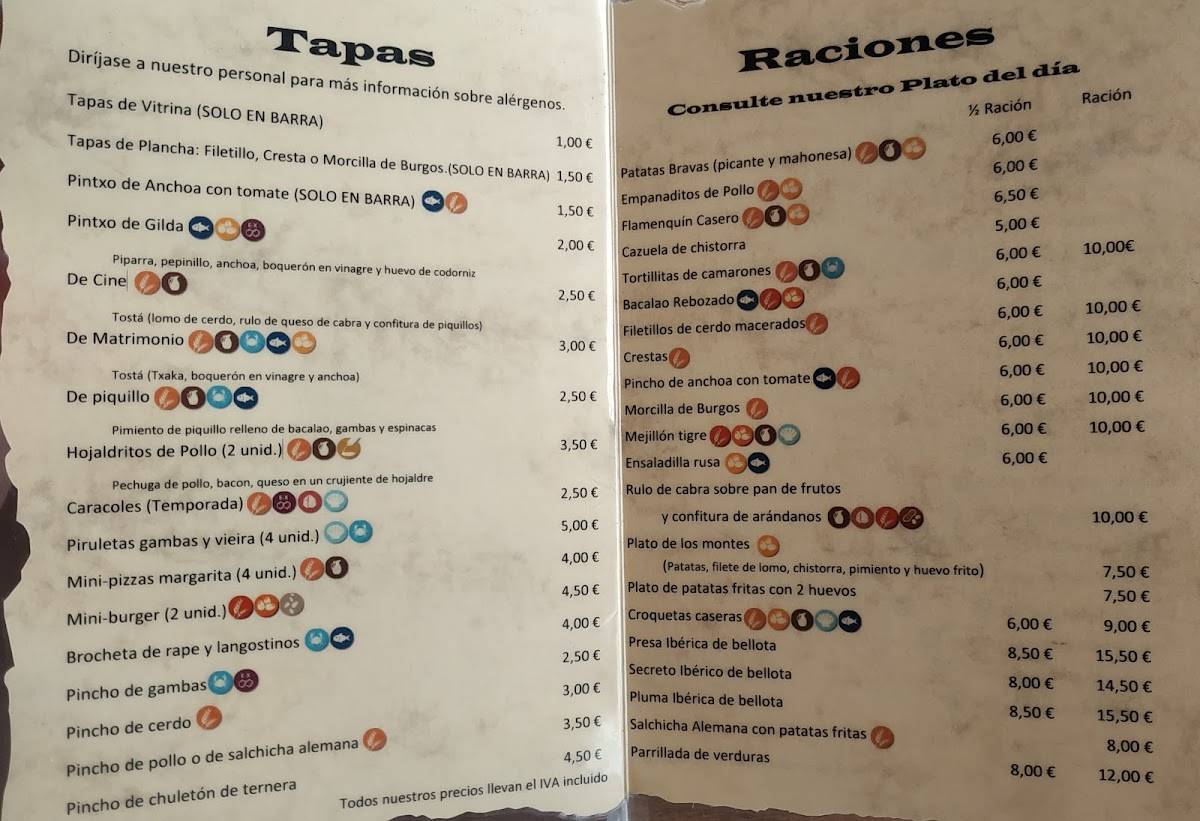 Carta del pub y bar El caserío del las monjas, Vélez-Málaga