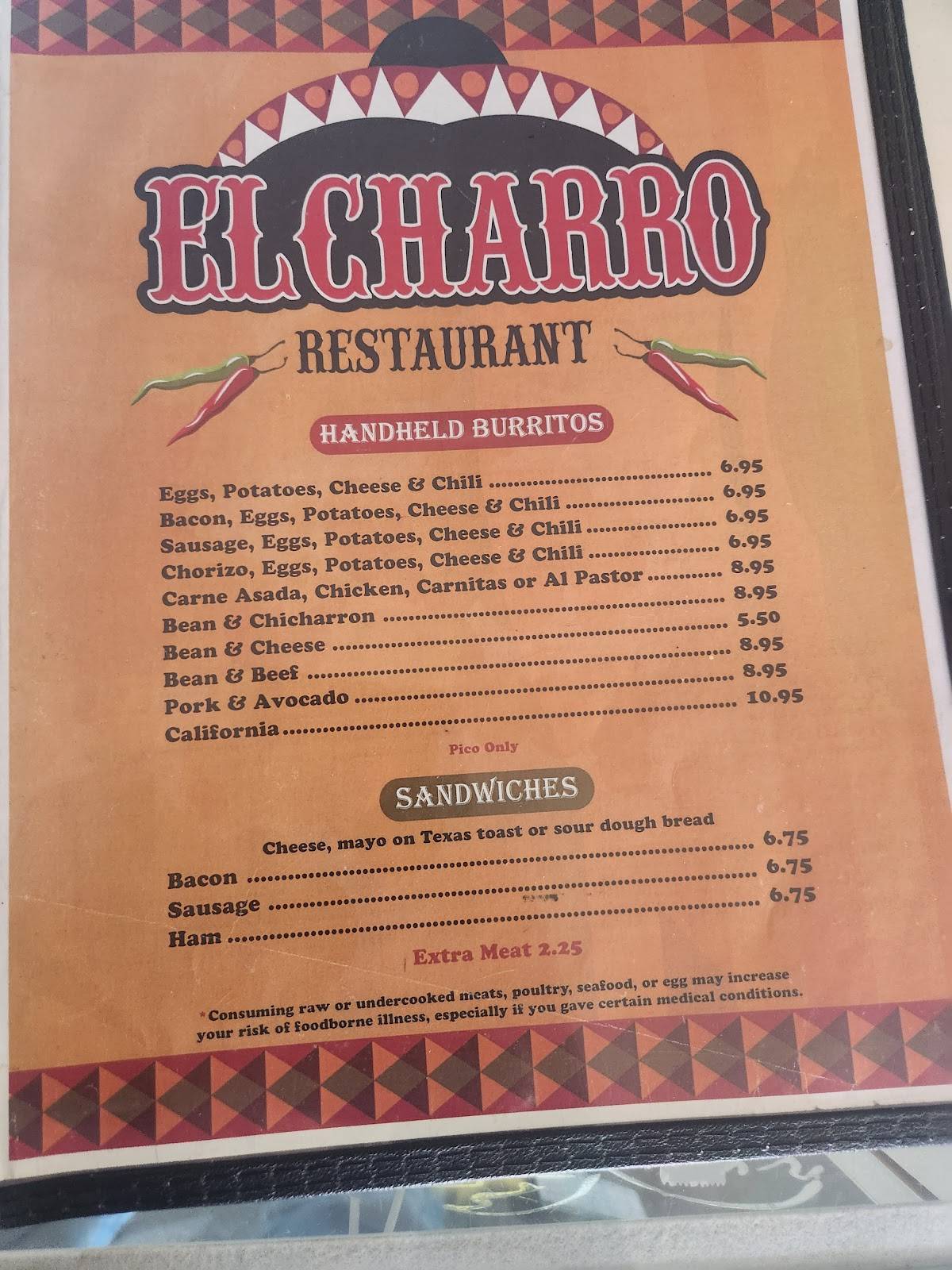 Menu at El Charro restaurant, Pueblo