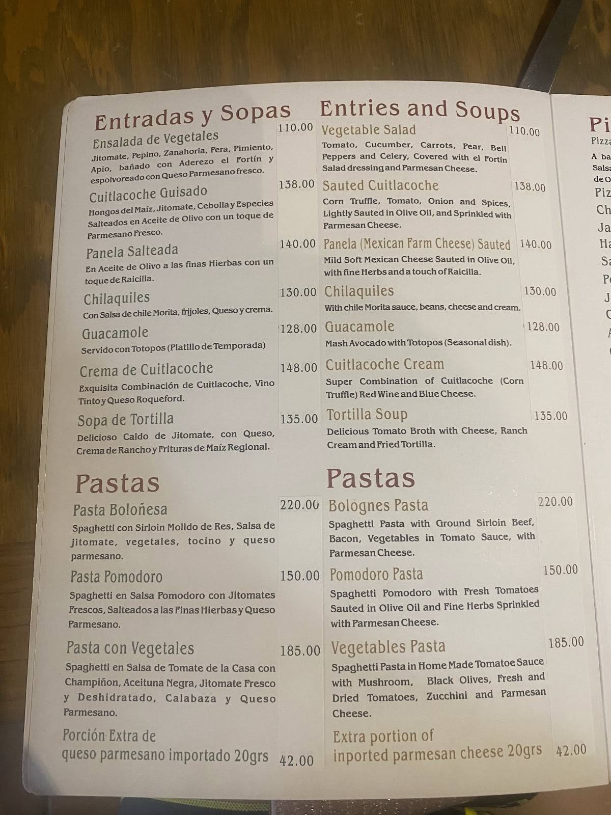Menu at El Fortin de San Sebastian cafeteria, San Sebastián