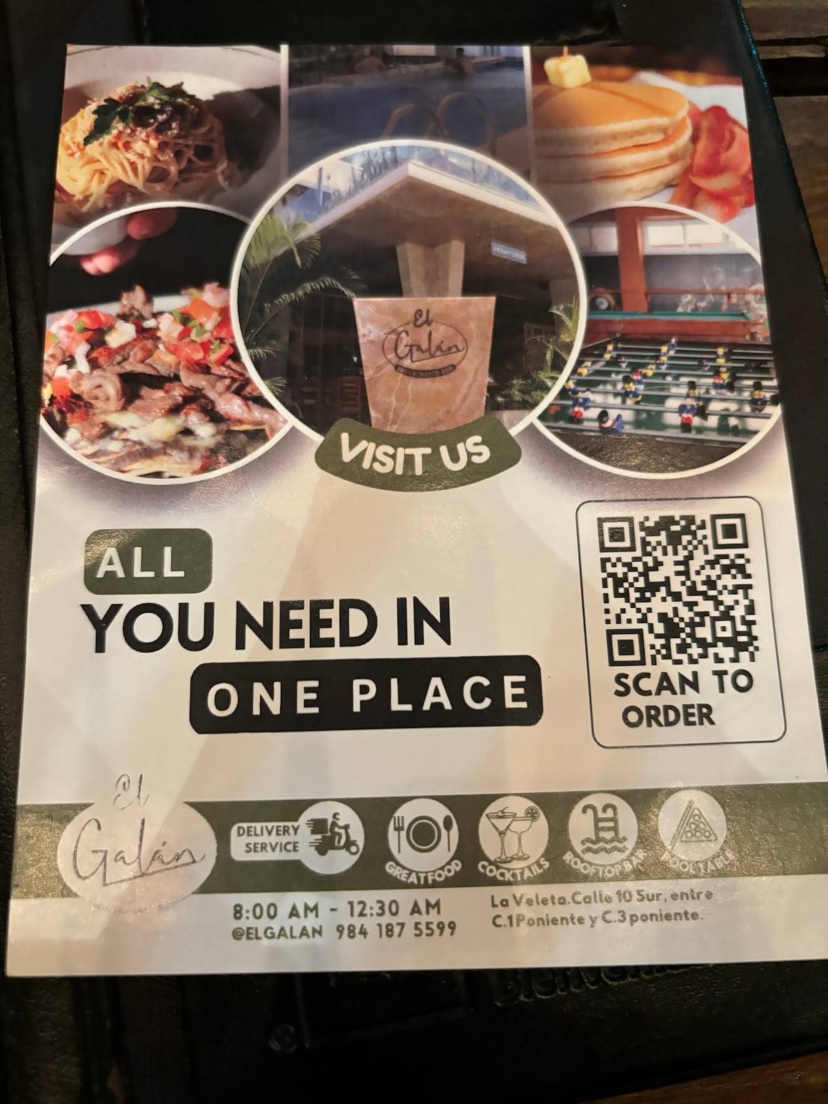 Carta del restaurante El Galán, Tulum