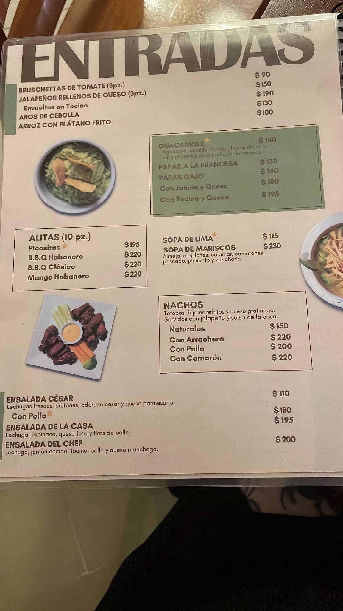 Carta del restaurante El Galán, Tulum