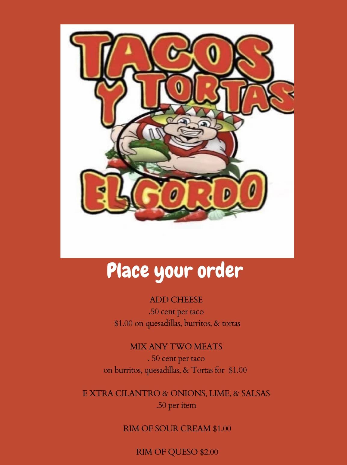 Menu at El Gordo restaurant, Morristown